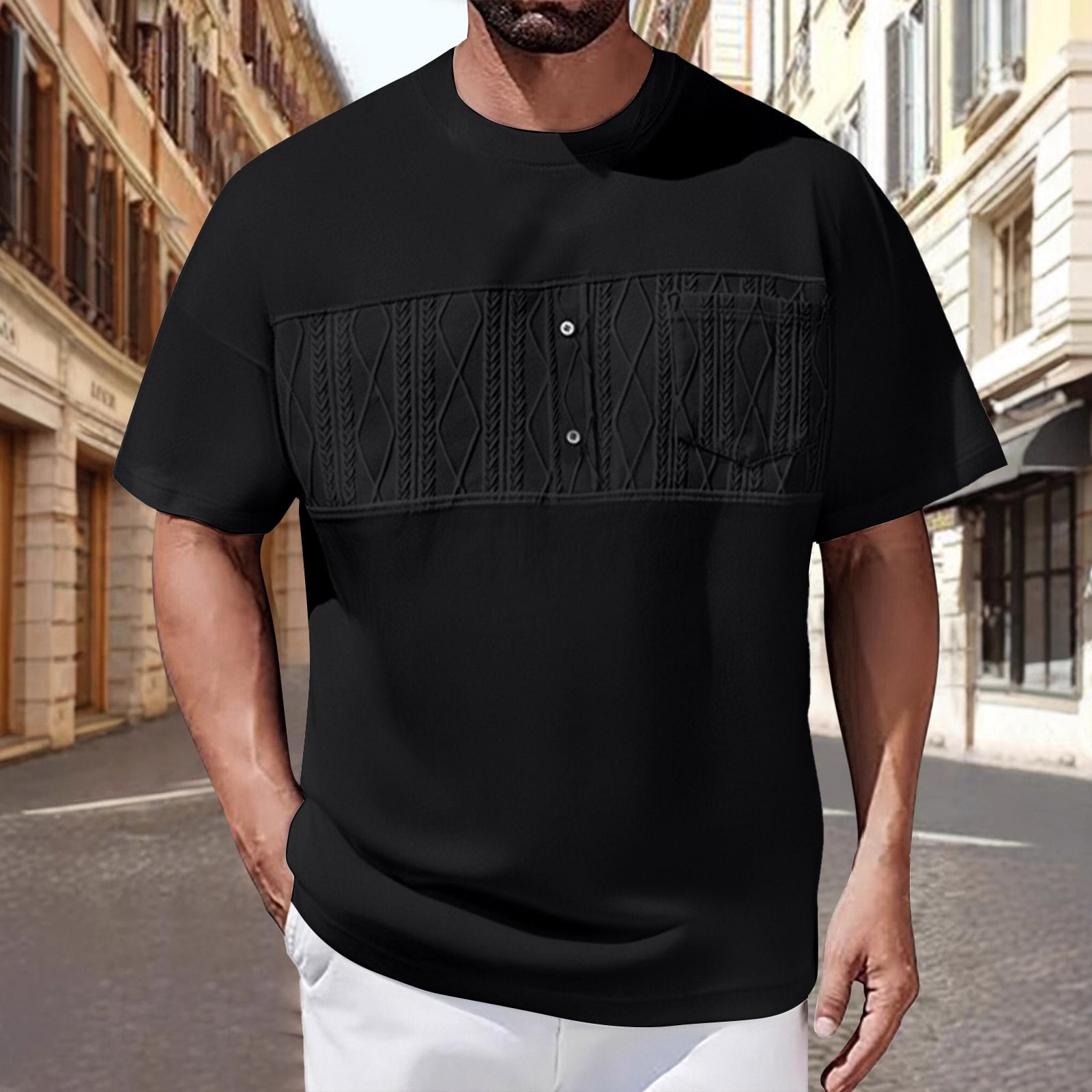 Adeawade Mens T Shirt Solid Color Splicing Patch Bag Men Loose Trend ...