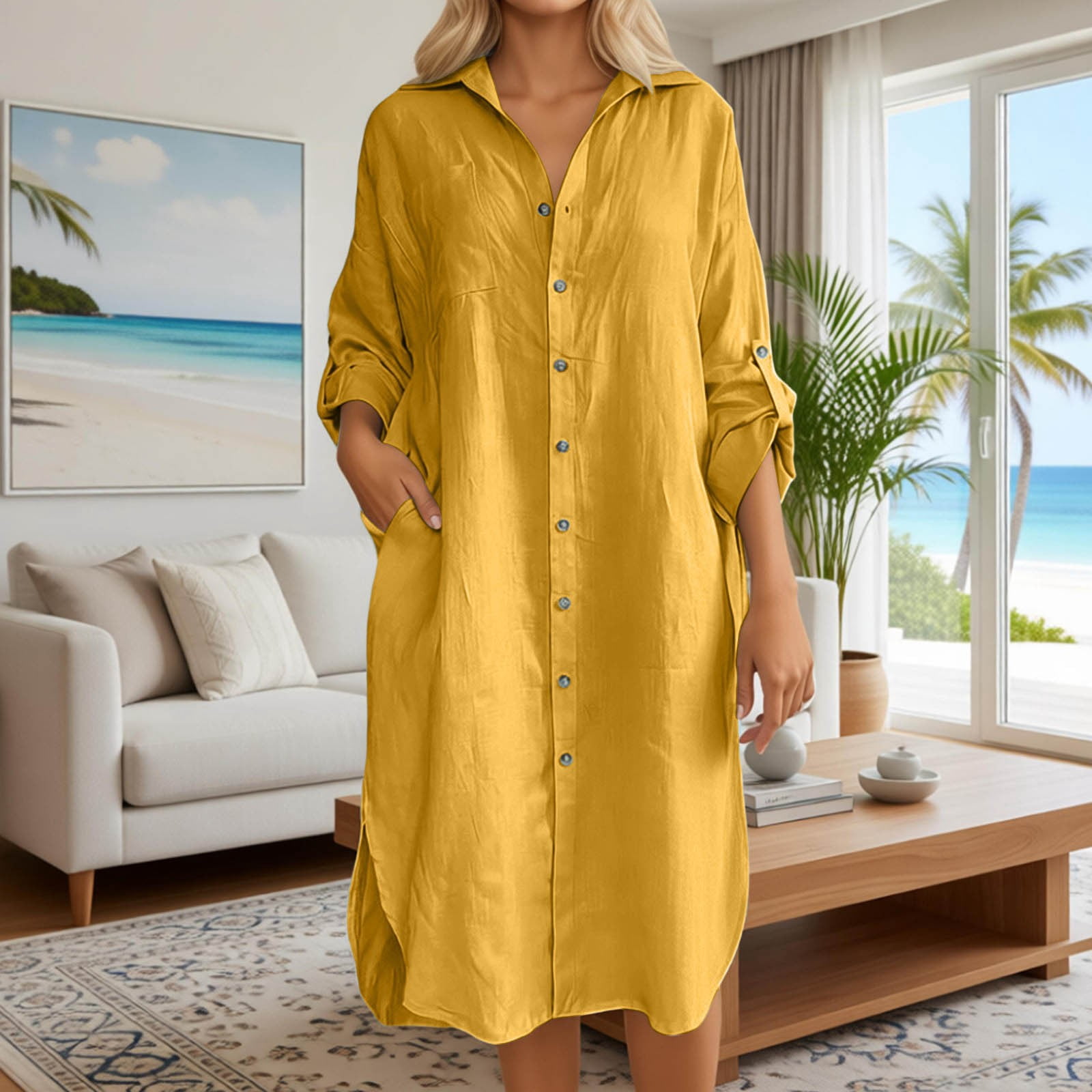 Adeawade Party Dresses For Women Summer Linen Shirt Dress Long Sleeve ...