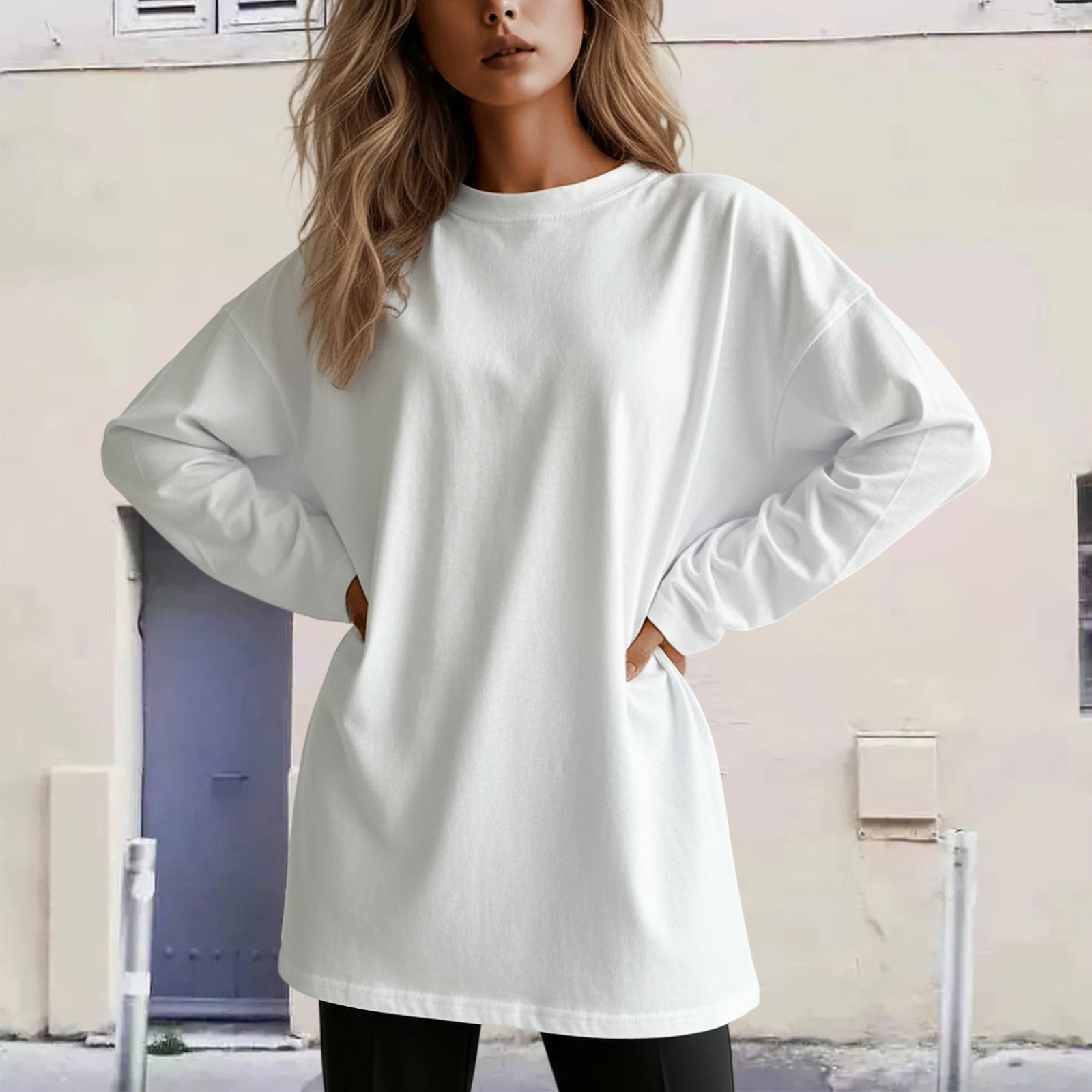 Adeawade T Shirts For Women Long Sleeve Loose Fit Round Neck Solid ...