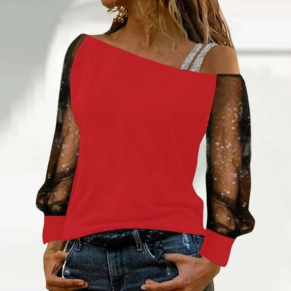 Adeawade T Shirts For Women Long Sleeve Solid Color Off Shoulder Round ...