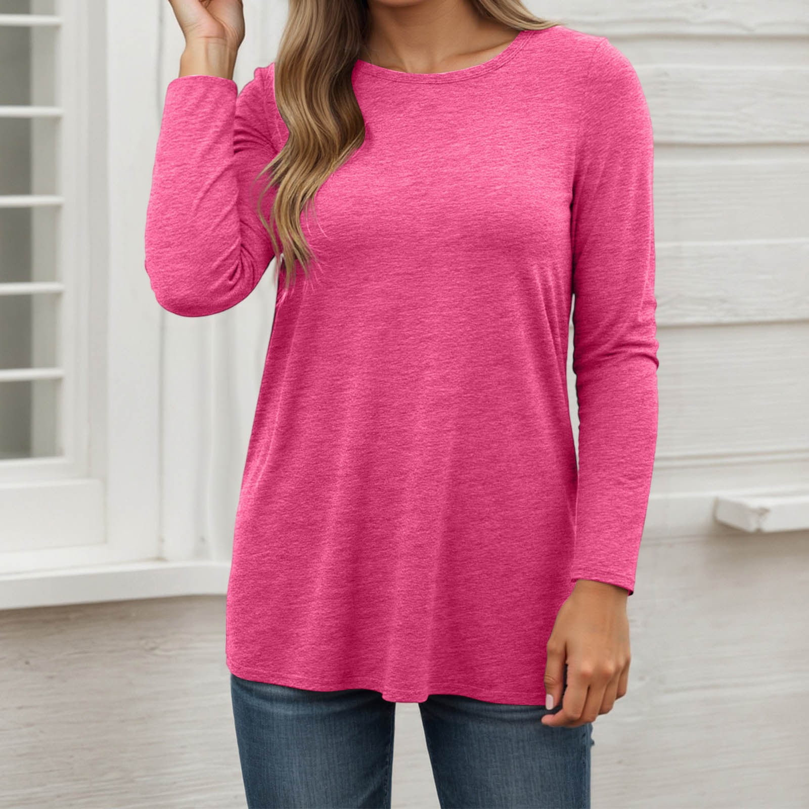 Adeawade T Shirts For Women Round Neck Long Sleeve Tops Solid Color ...