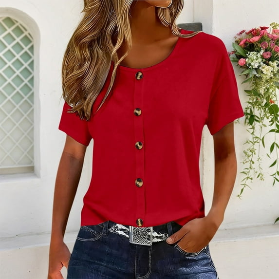 Adeawade T Shirts For Women Short Sleeve Round Neck Tops Solid Color ...