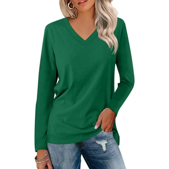 Adeawade T Shirts For Women V Neck Tops Long Sleeve Solid Color ...