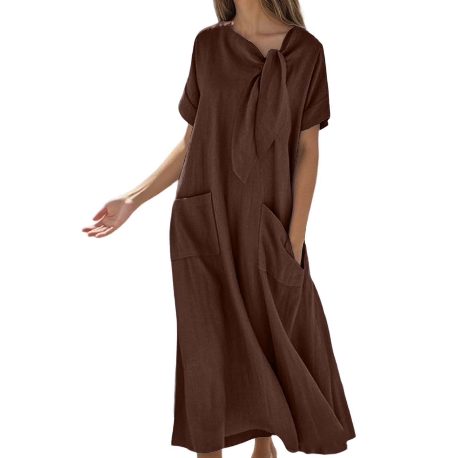 Adeawade Women Dresses Short Sleeve Round Neck Flowy Dress With Bow ...