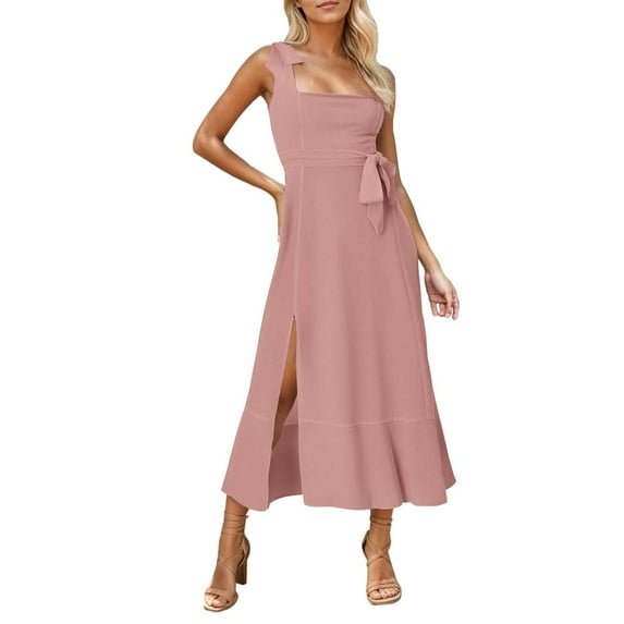 Adeawade Women Dresses Sleeveless V Neck Dress Solid Color Hollow Flowy ...