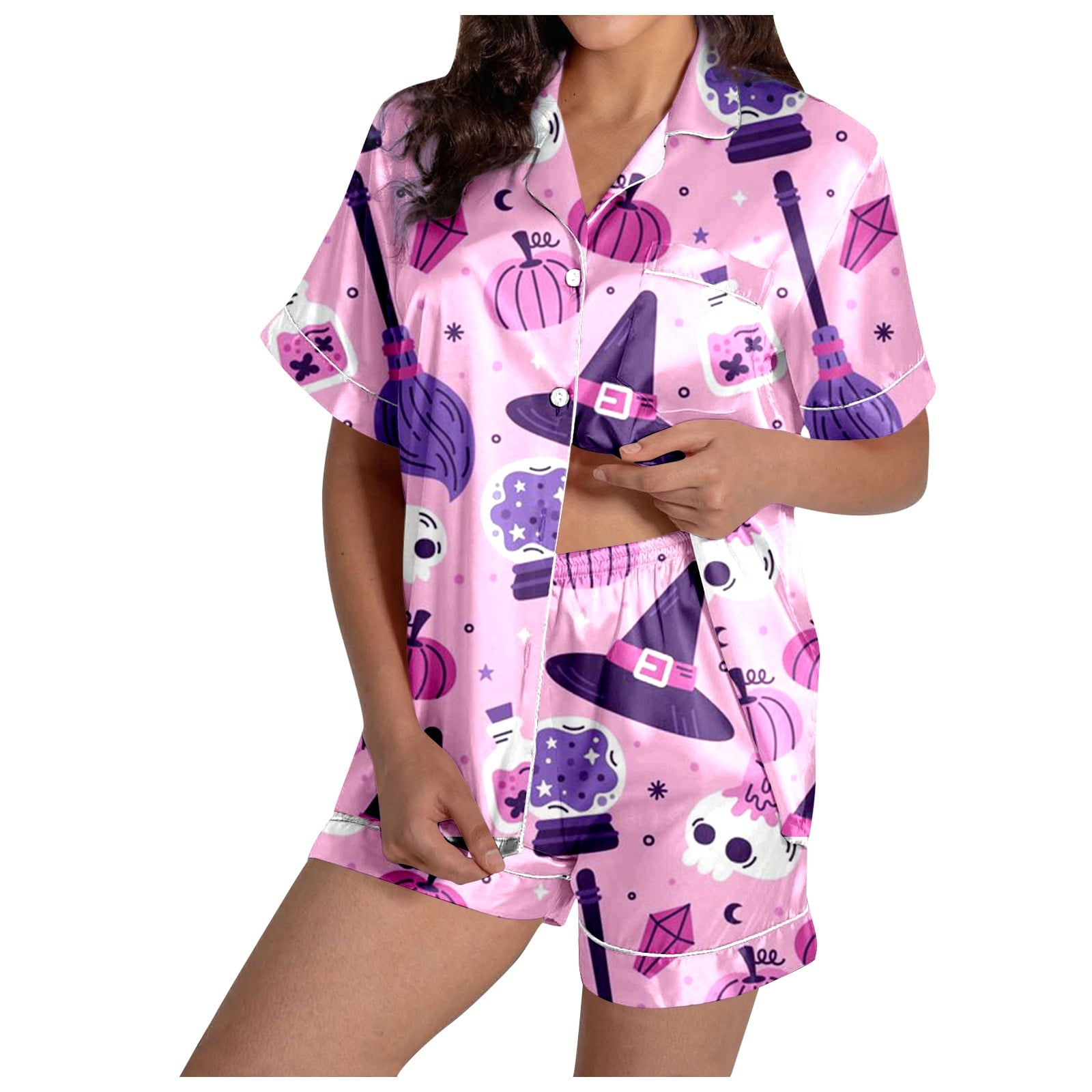 Adeawade Women Halloween Pajamas Cartoon Print Pajama Set Silk Satin ...