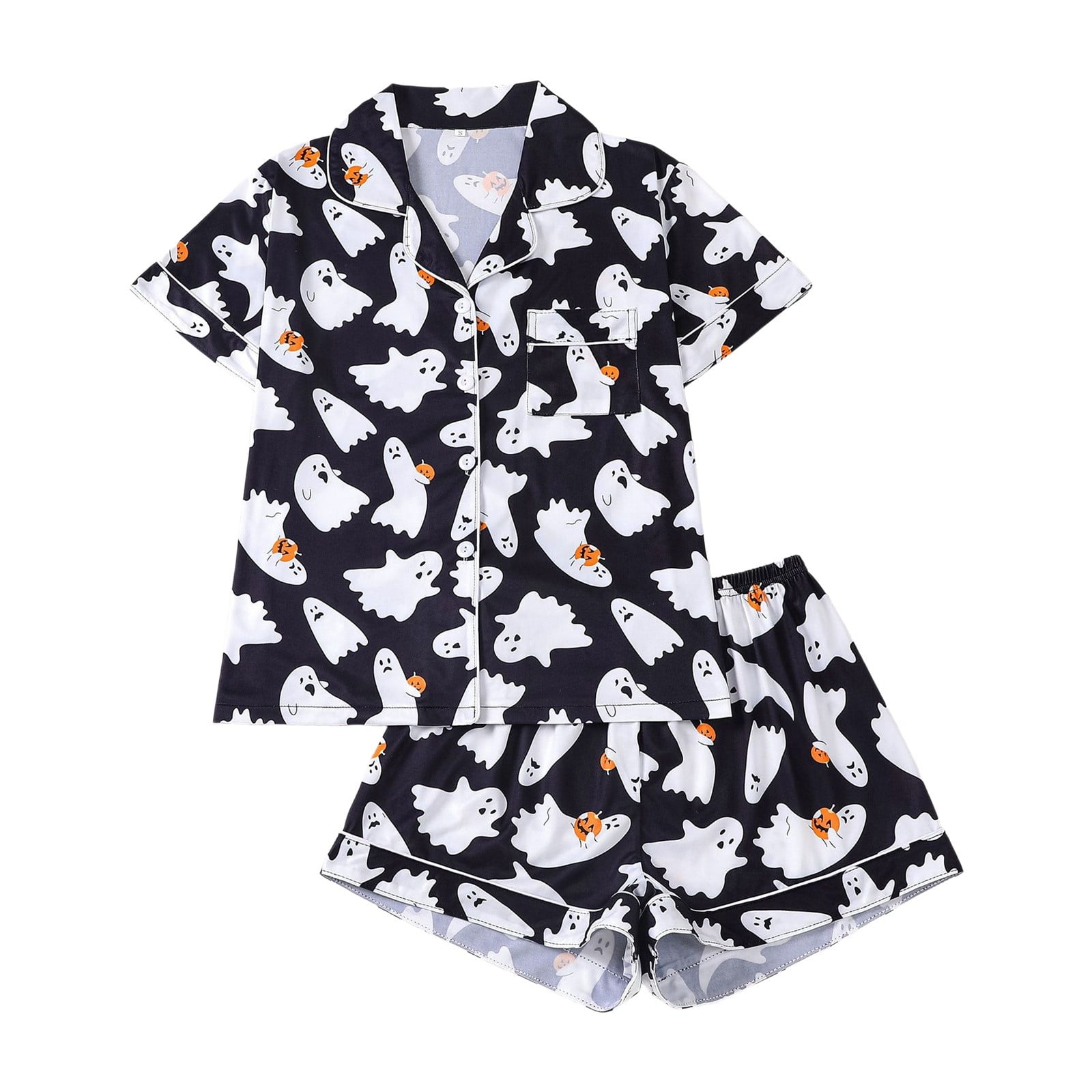 Adeawade Women Pajamas Halloween Ghost Printed Turn-Down Collar Short ...