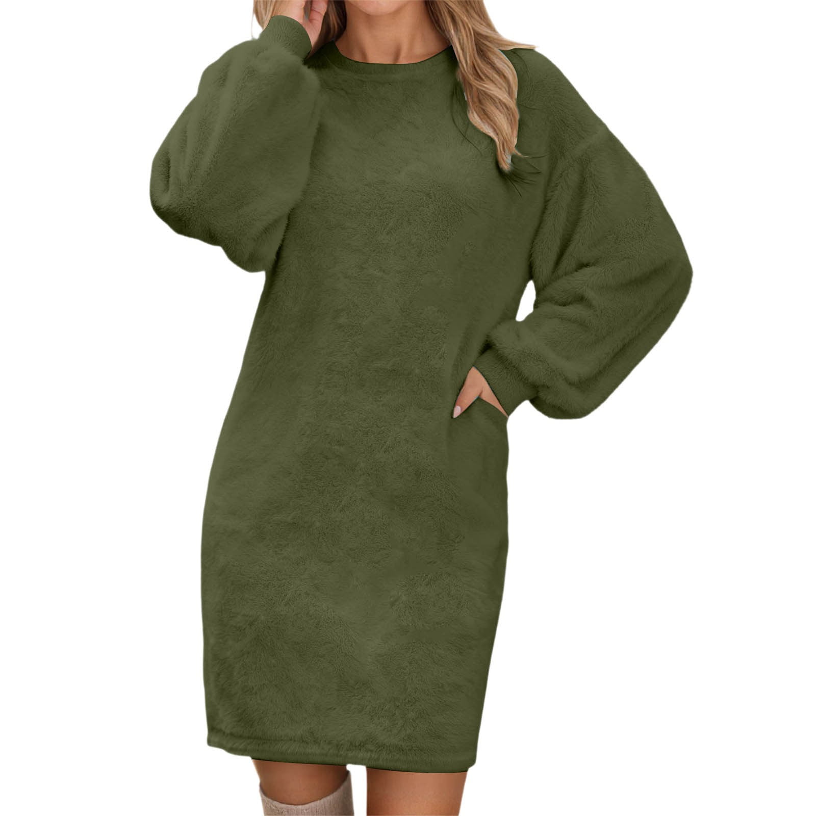 Adeawade Women'S Sweaters Solid Color Sweater Dress With Pockets Round ...