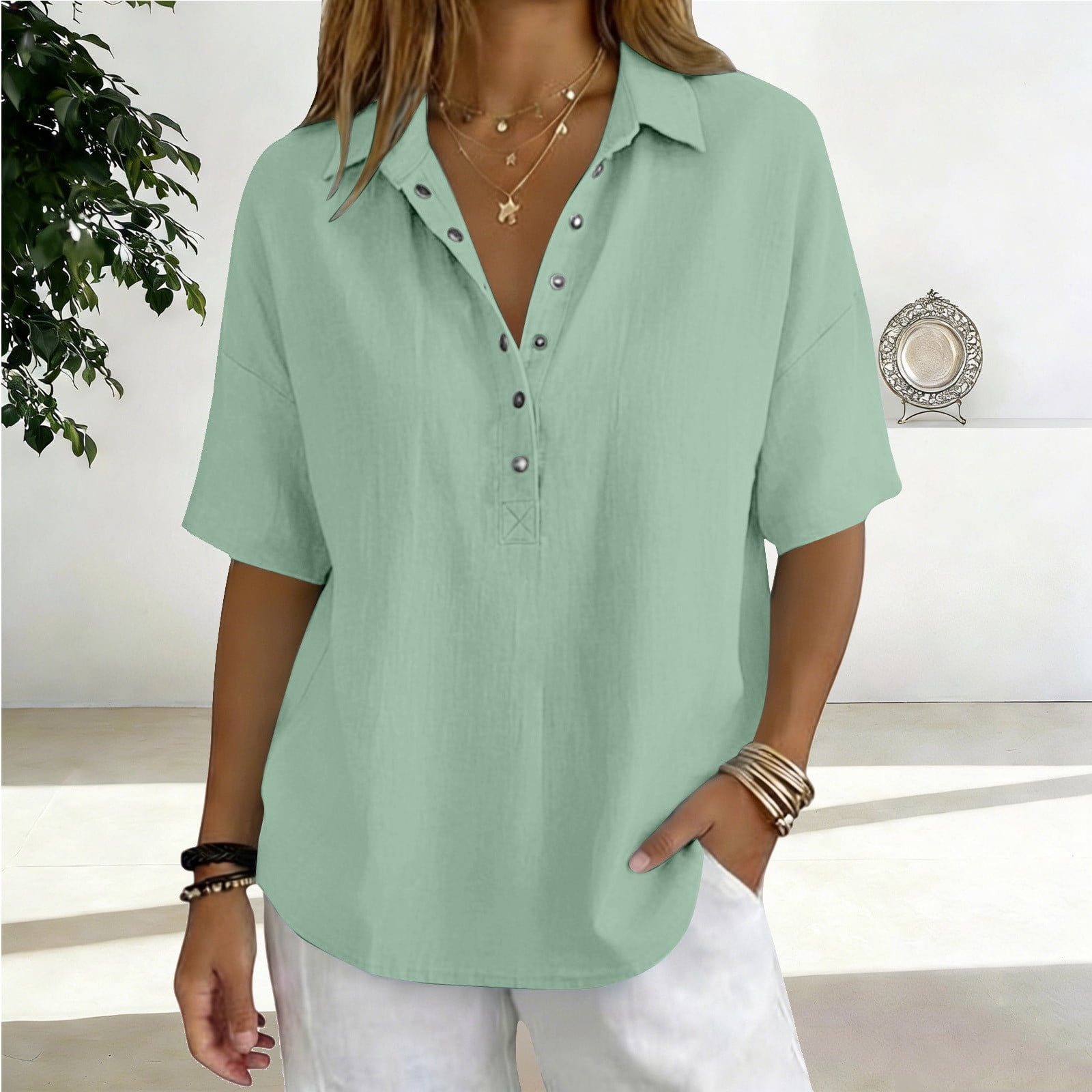 Adeawade Women Short Sleeve Tops Summer Tee Turn Down Collar Solid ...