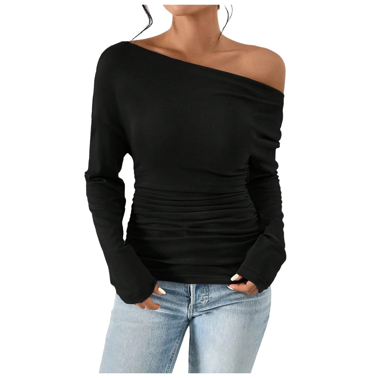 Adeawade Women T Shirt Off Shoulder Tops Long Sleeve Asymmetrical Slim ...