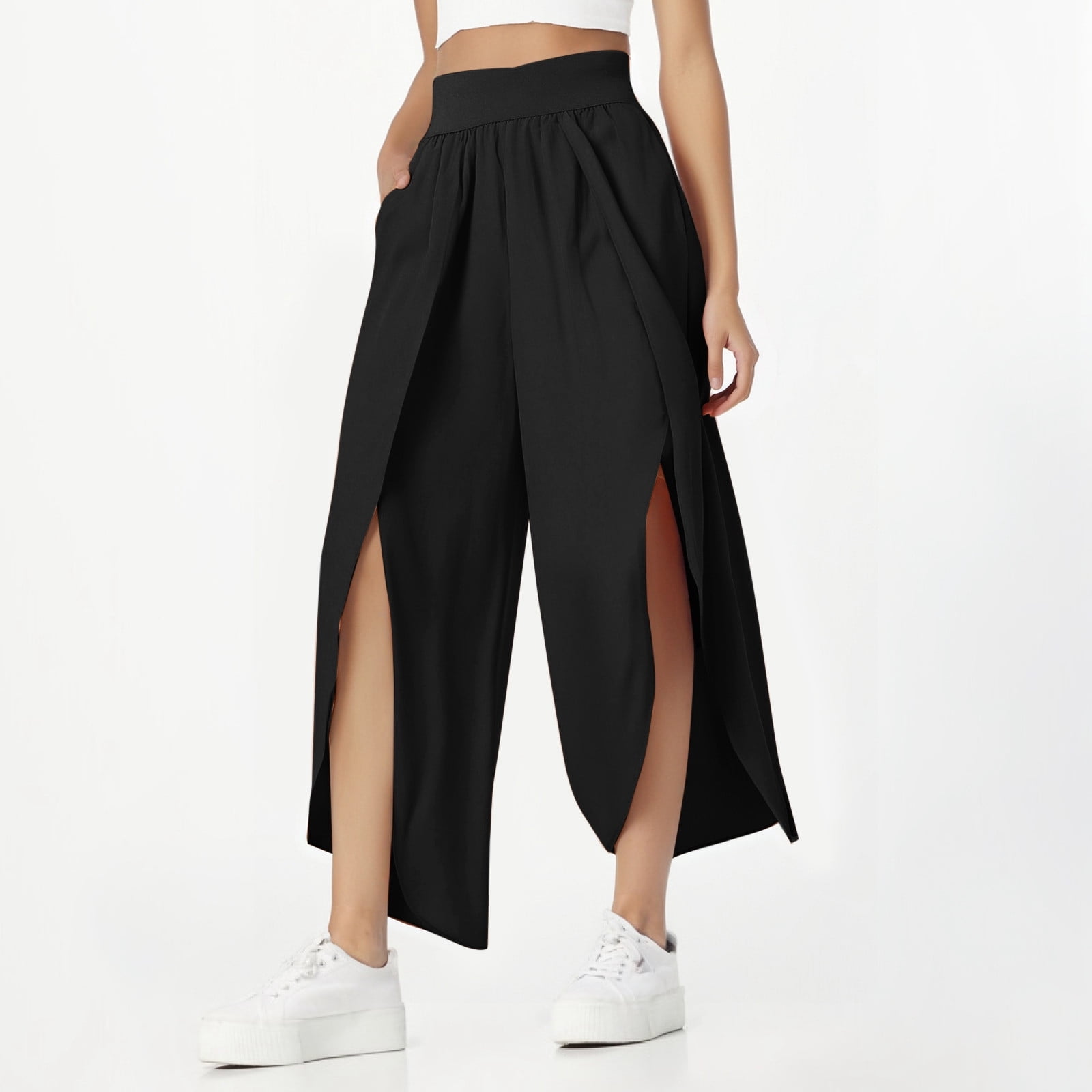 Adeawade Womens Casual Pants High Waist Open High Fork Pants Straight ...