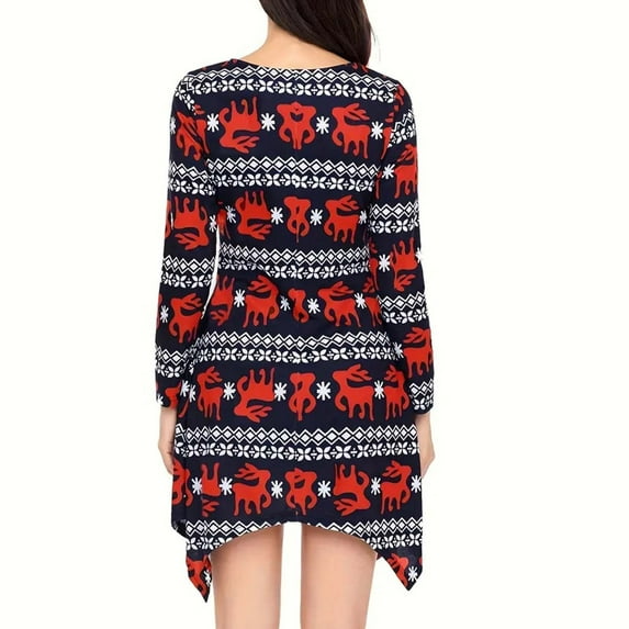Adeawade Womens Christmas Dress Deer Print Dress Long Sleeve Round Neck ...