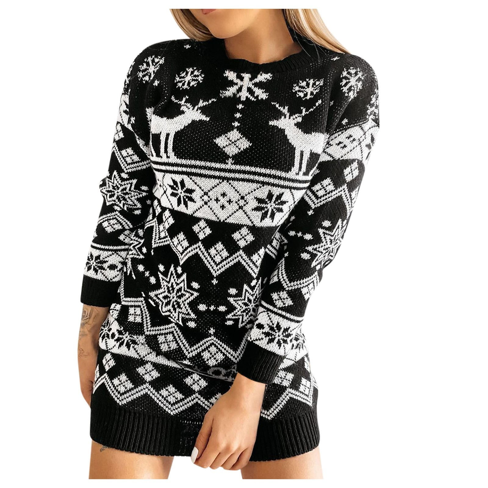 Adeawade Womens Christmas Dress O Neck Snowflake Xmas Pullover Sweater ...