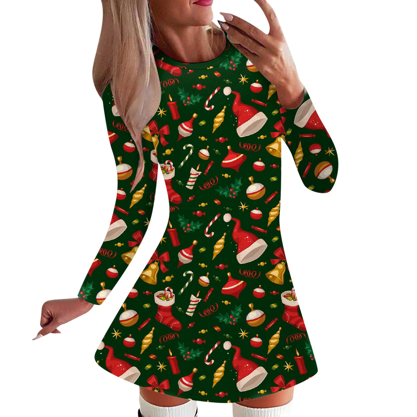 Adeawade Womens Christmas Dress Round Neck Long Sleeve Dress Winter ...