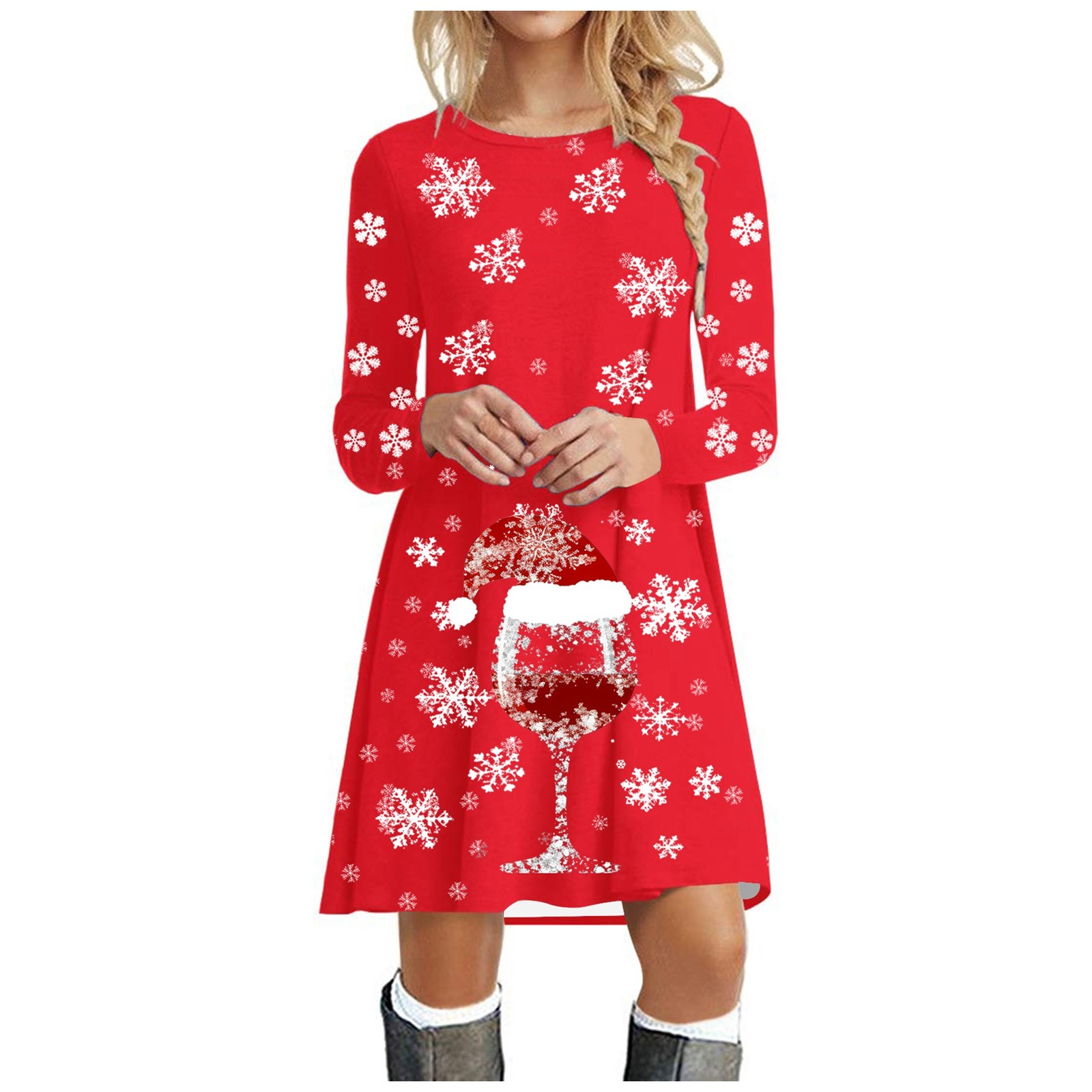 Adeawade Womens Christmas Party Dress Long Sleeve Xmas Shirt Dress Crew ...