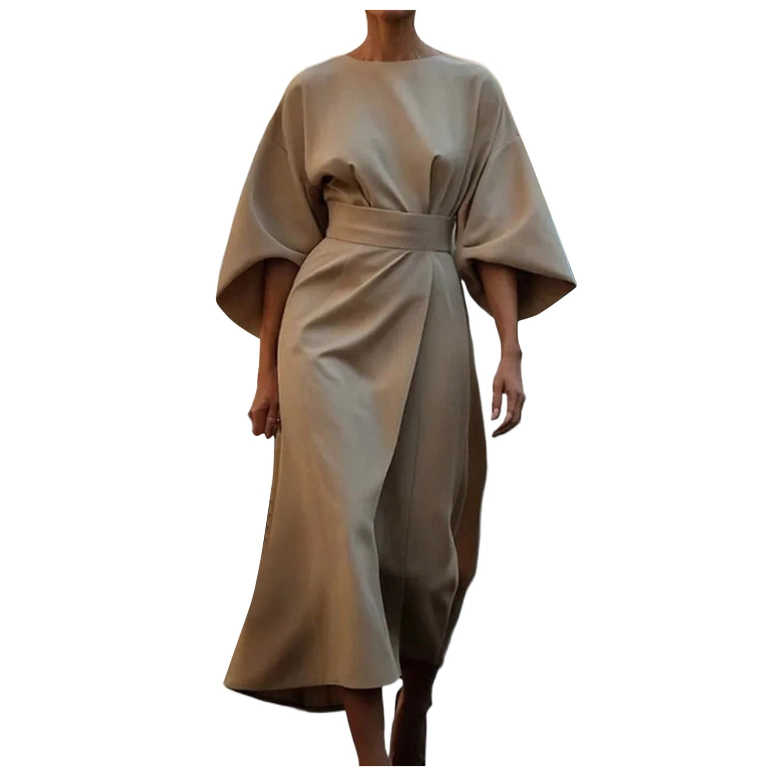 Adeawade Womens Dress Long Sleeve Round Neck 2026 Solid Color Waist ...