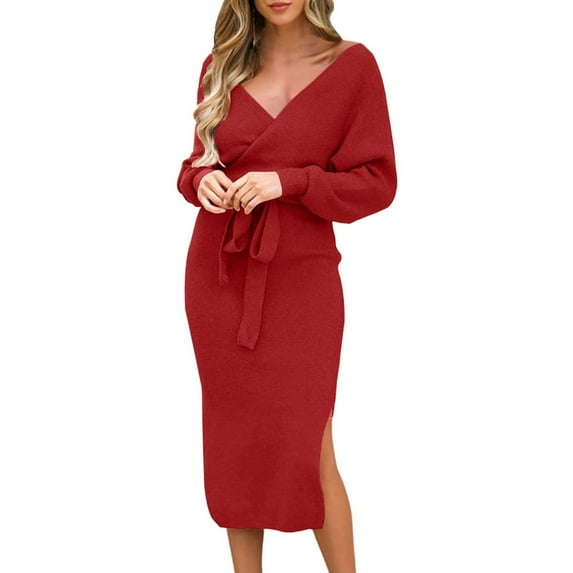 Adeawade Womens Dresses V Neck Solid Color Long Sleeve And Hollow Back ...
