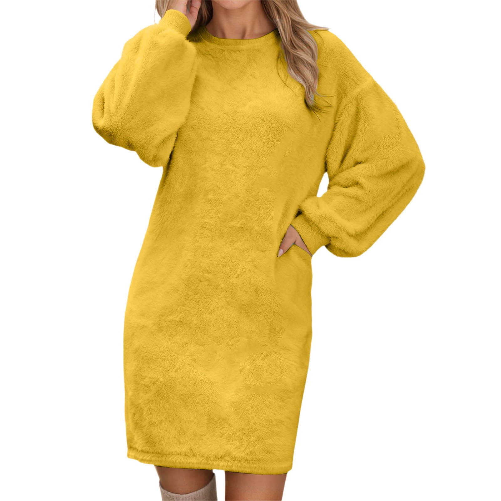 Adeawade Womens Sweater Solid Color Sweater Dress With Pockets Round ...