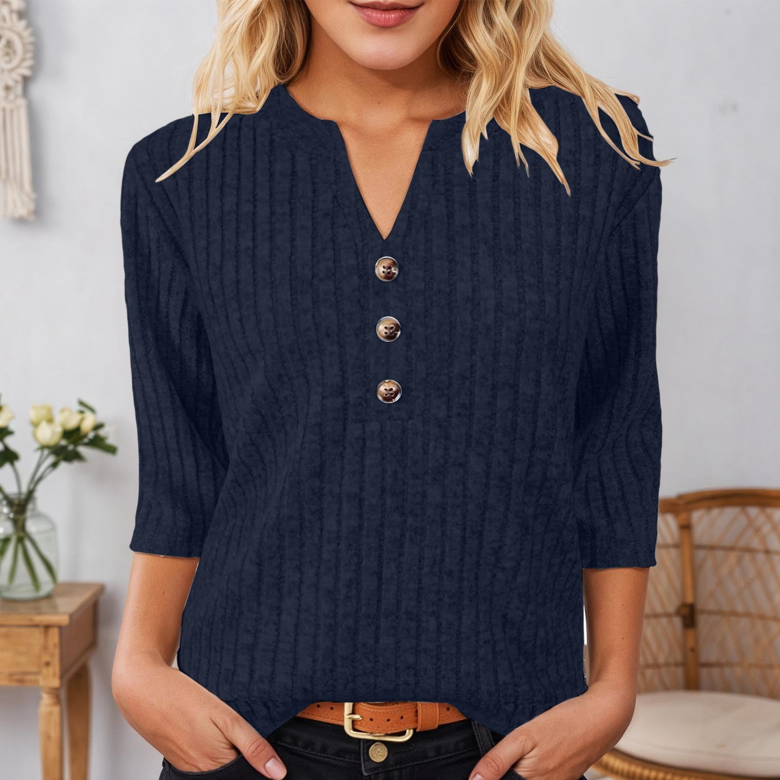 Adeawade Womens T Shirts Long Sleeve Tops Round Neck Solid Color Simple ...