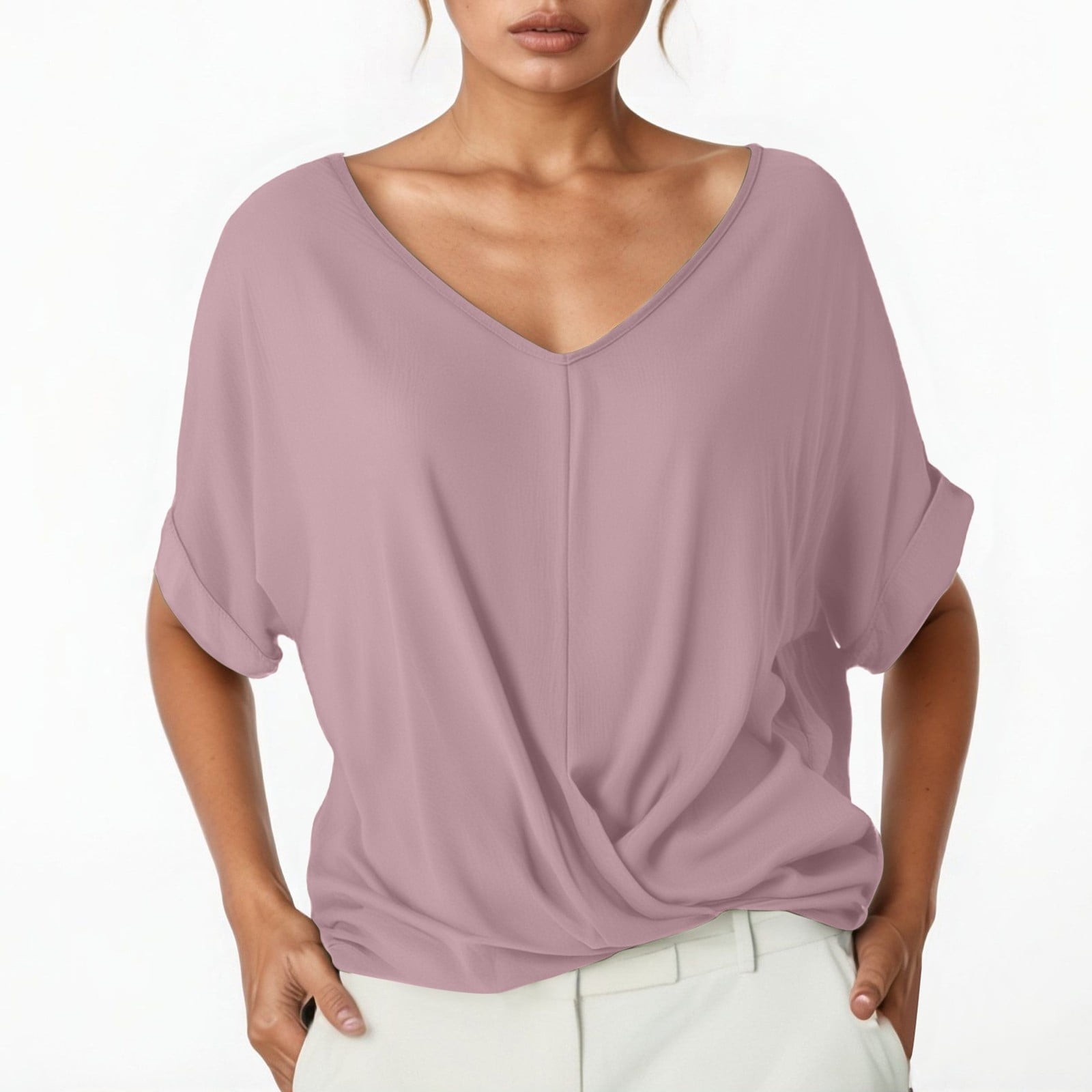 Adeawade Womens Tops Short Sleeve Solid Color T Shirts V Neck Classic ...