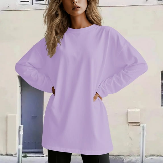 Adeawade Womens Tshirt Long Sleeve Loose Fit Round Neck Solid Color ...