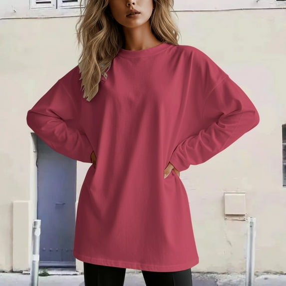 Adeawade Womens Tshirt Long Sleeve Loose Fit Round Neck Solid Color ...
