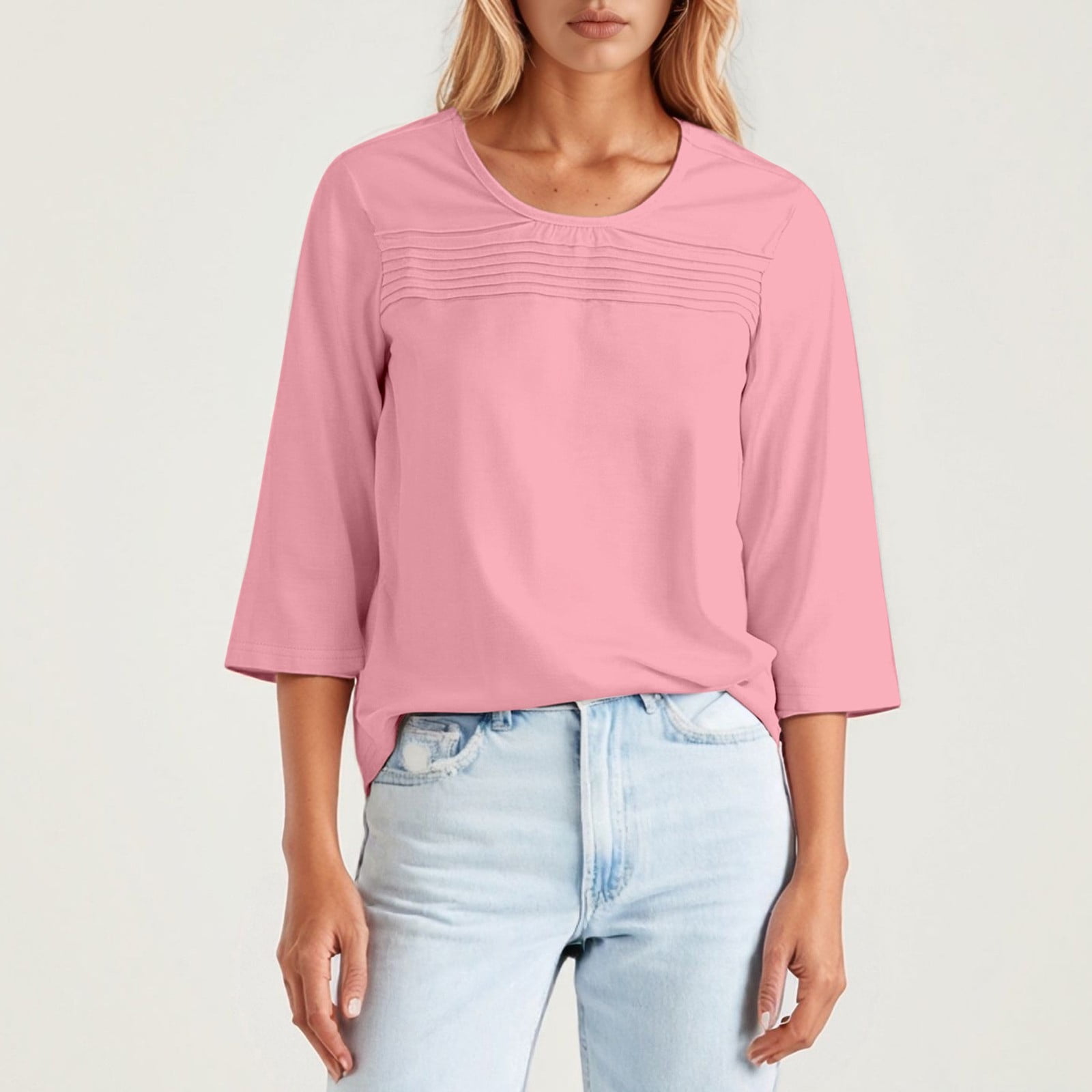 Adeawade Womens Tshirts 3/4 Sleeve Tops Round Neck Solid Color Simple ...