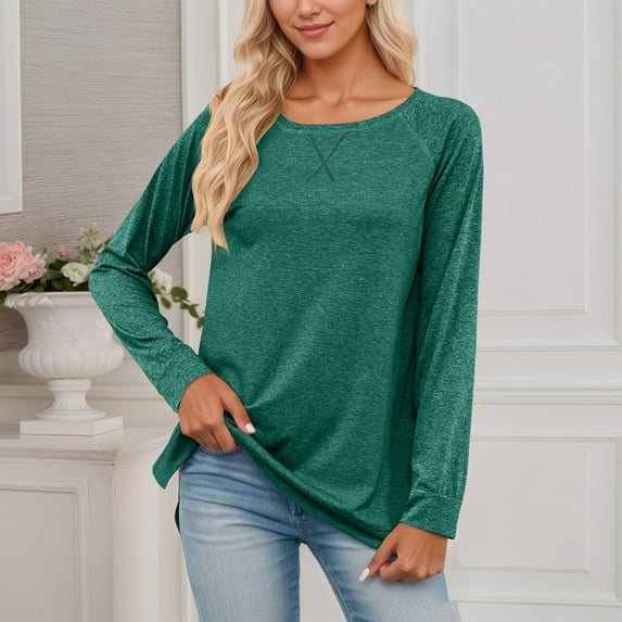 Adeawade Womens Tshirts Long Sleeve Tops Round Neck Solid Color Simple ...