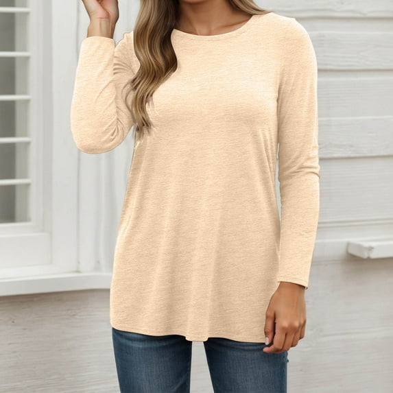 Adeawade Womens Tshirts Round Neck Long Sleeve Tops Solid Color Fashion ...