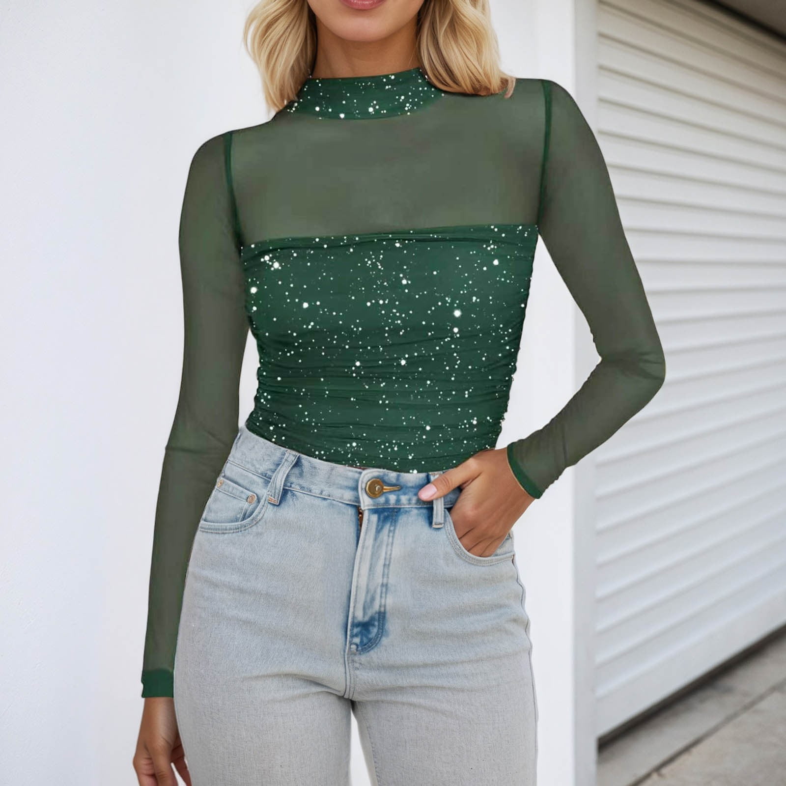 Adeawade Workout Shirts Women Long Sleeve Semi Turtleneck Mesh See ...
