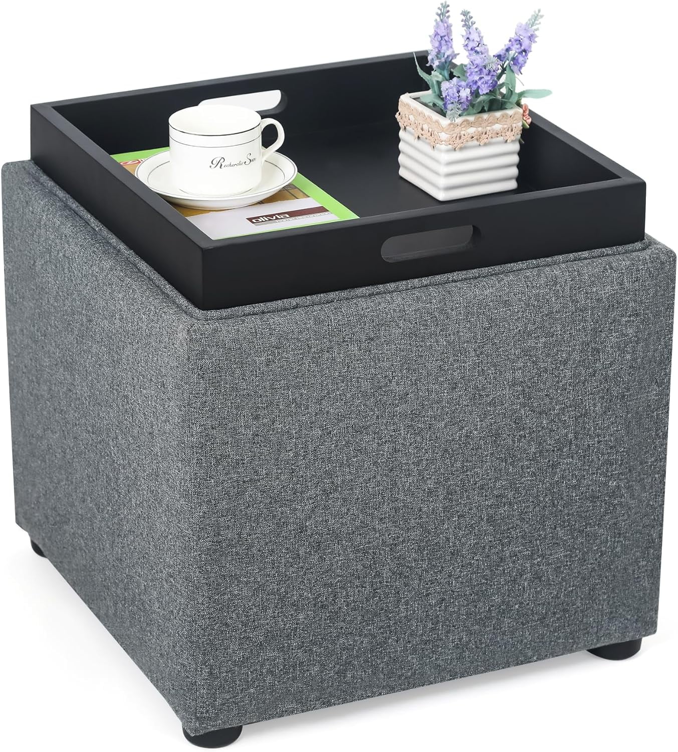 Adeco 17.7 Inch Storage Ottoman, Small Square Grey Linen Coffee Table ...