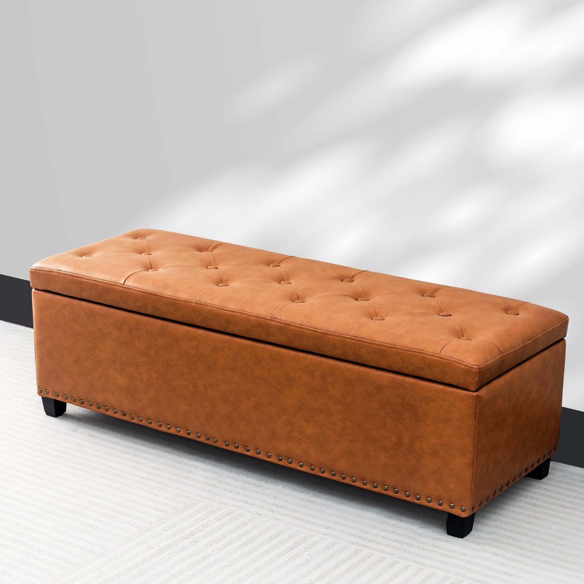 Adeco 46" Faux Leather Storage Ottoman Bench with Nailhead Trim Dark ...