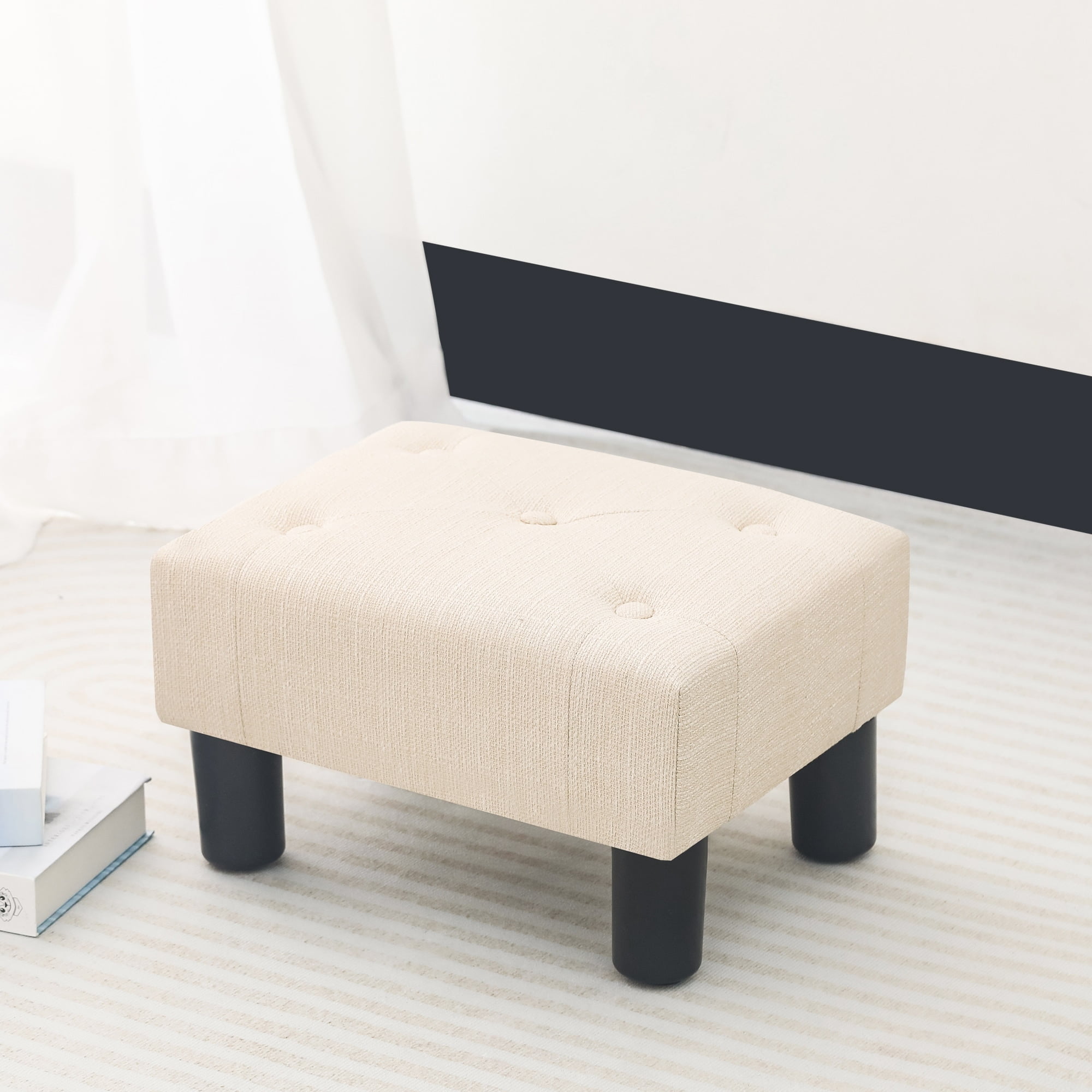 Adeco Button Tufted Linen Foot Stool Rectangular Small Ottoman Beige ...