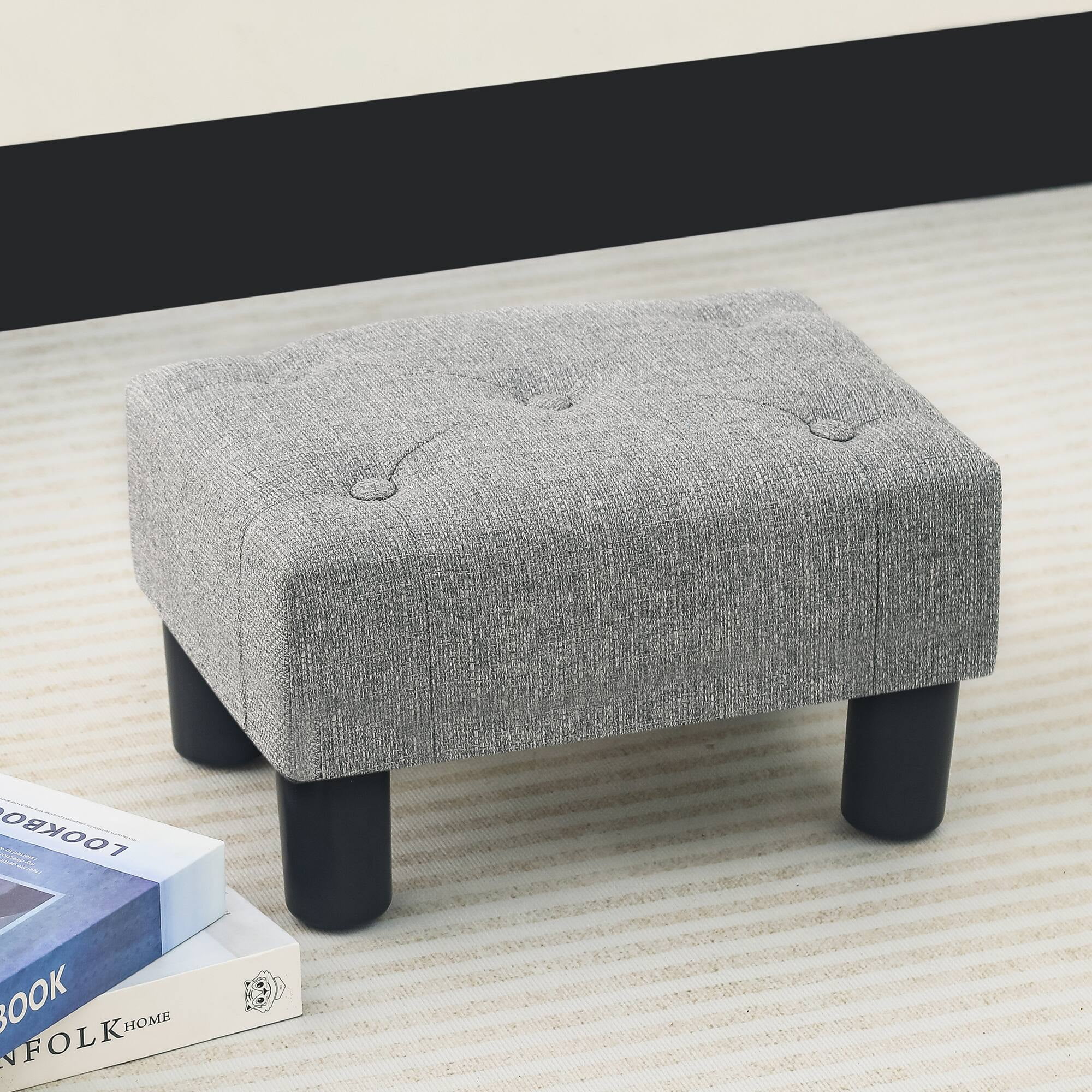 Adeco Button Tufted Linen Foot Stool Rectangular Small Ottoman Grey ...