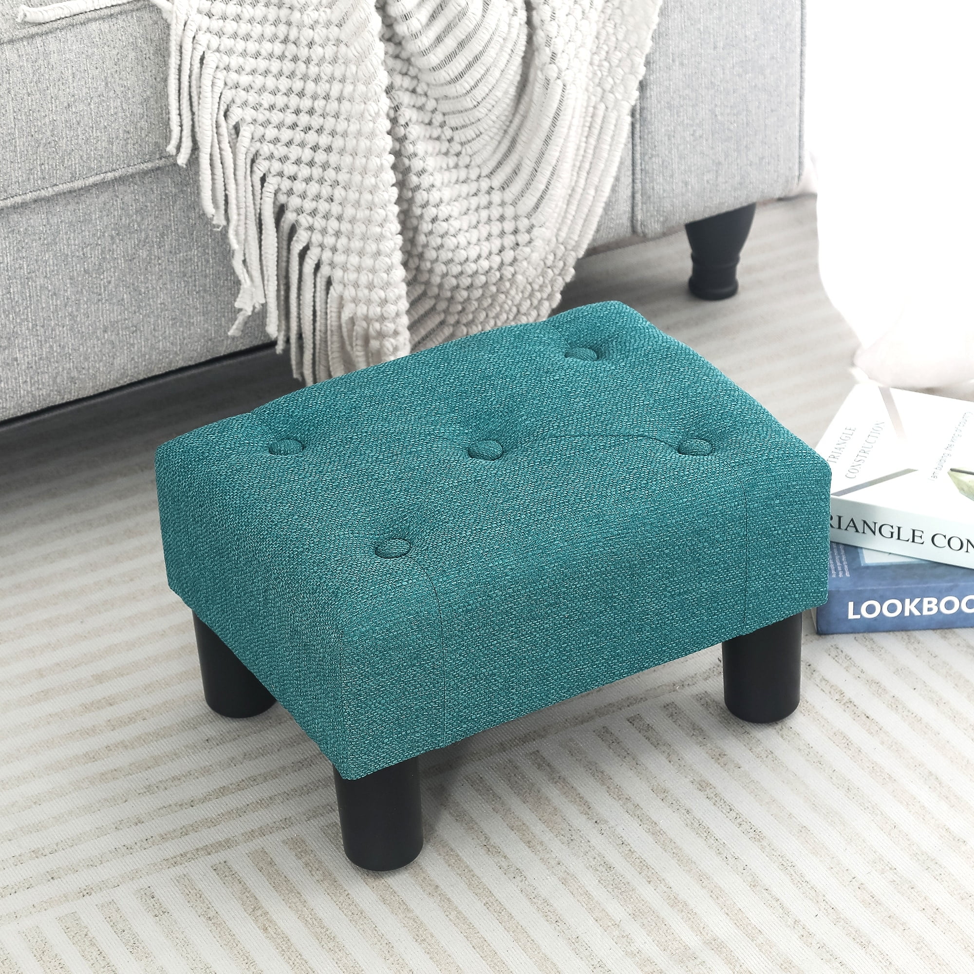 Adeco Button Tufted Linen Foot Stool Rectangular Small Ottoman Teal ...