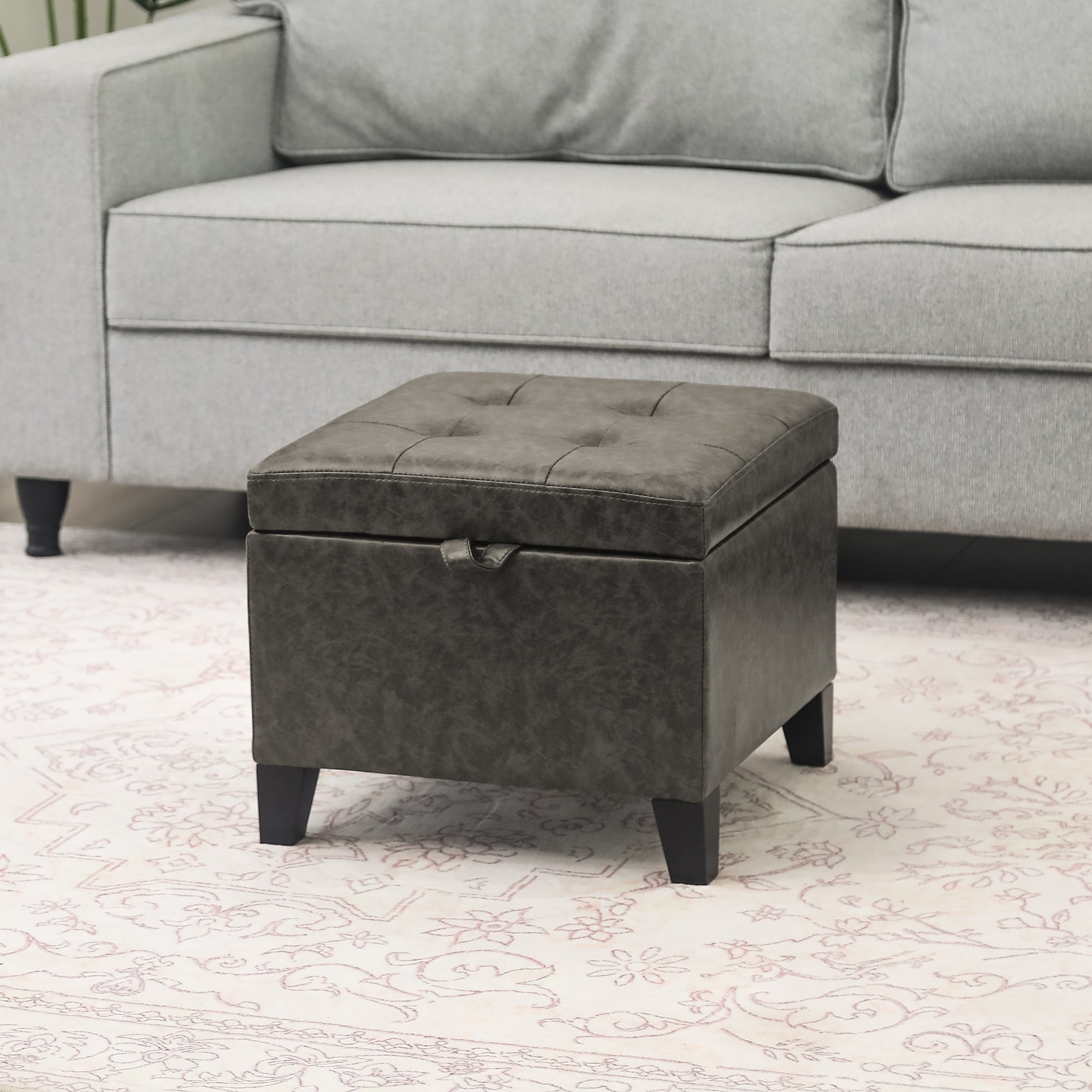Adeco Faux Leather Tufted Flip Top Storage Ottoman Dark-Grey Wood,Faux ...