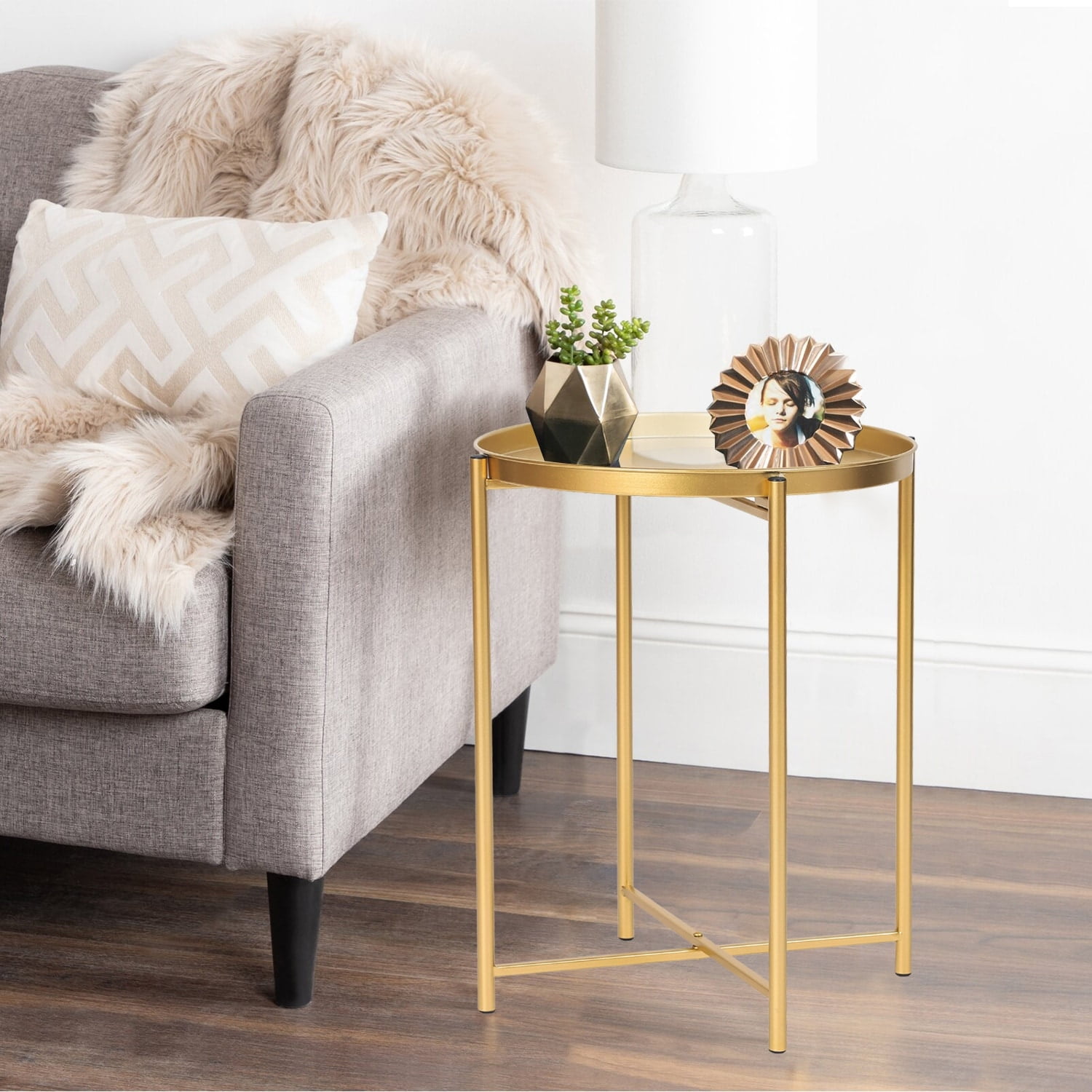 Homebeez Gold Metal Side Table, Round End Table with Tray, Sofa Side ...