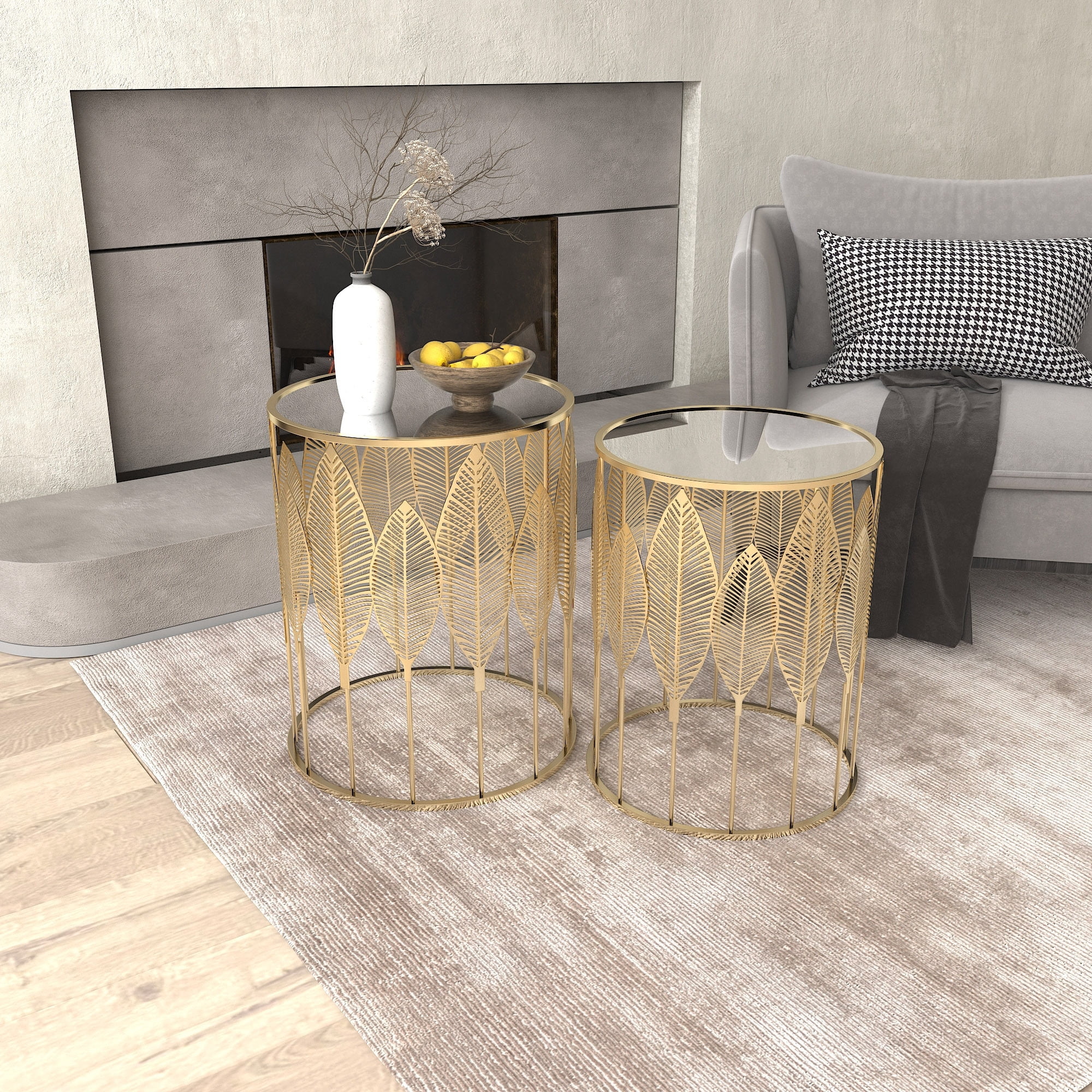Homebeez Nesting Round Side End Accent Table Set, Gold Metal Nightstand ...