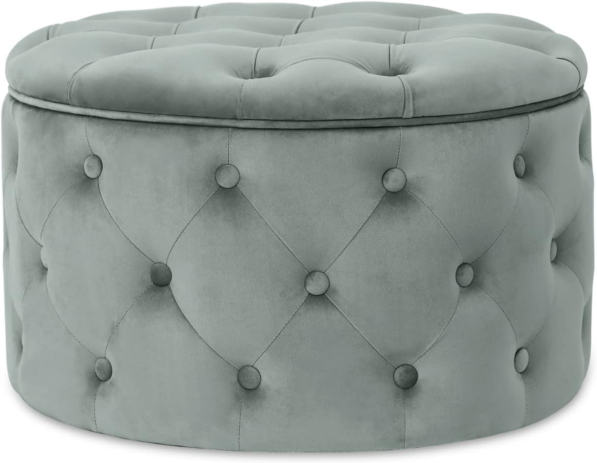 Adeco Modern 24.8 Inch Round Storage Ottoman, Button Tufted Upholstered ...