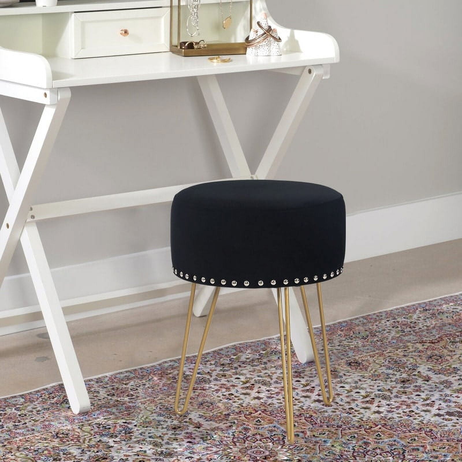 Adeco Modern Round Velvet Ottoman Vanity Footstool Golden Metal Legs ...