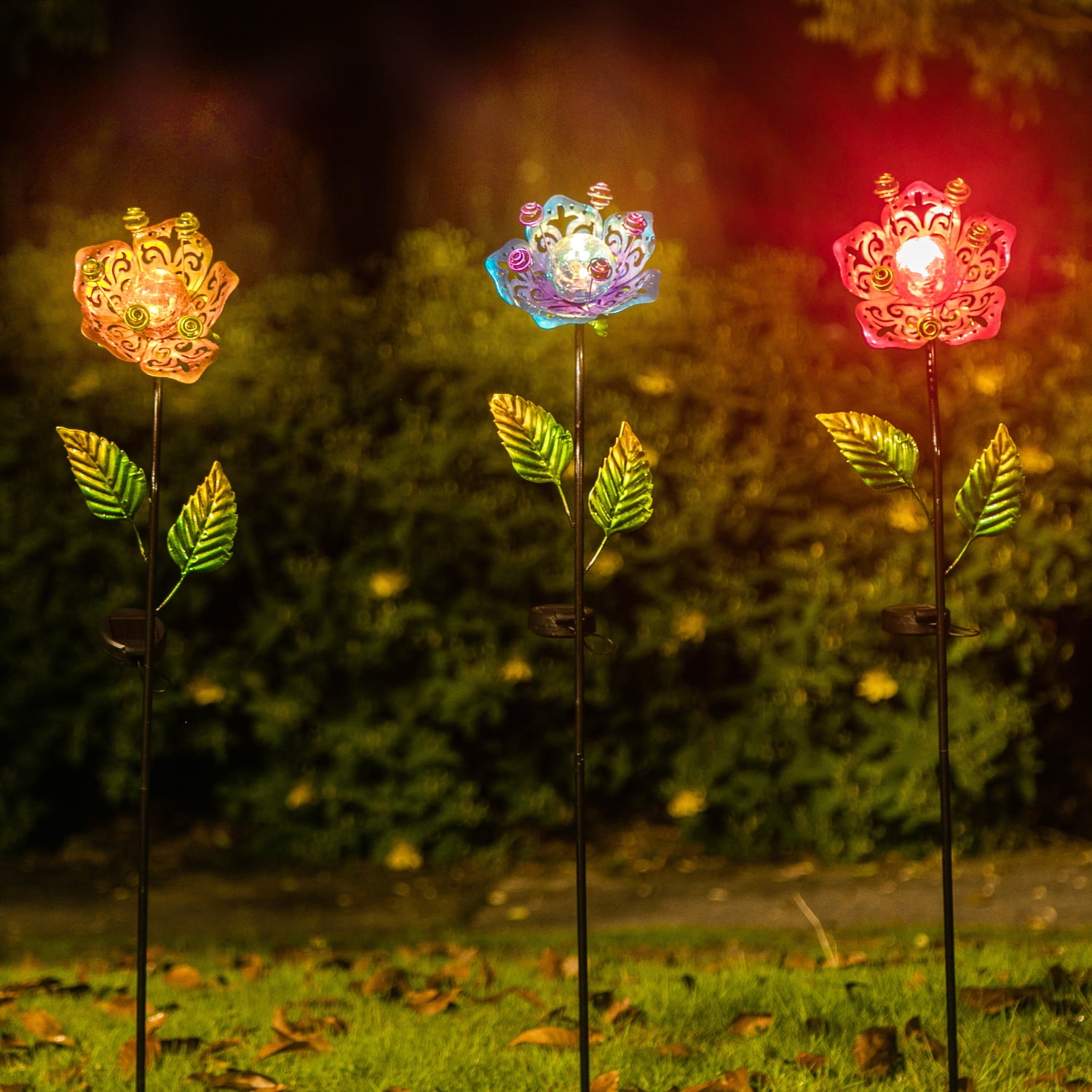 Adeco Solar Powered LED Metal Flowers, Outdoor Yard Decorative Garden ...