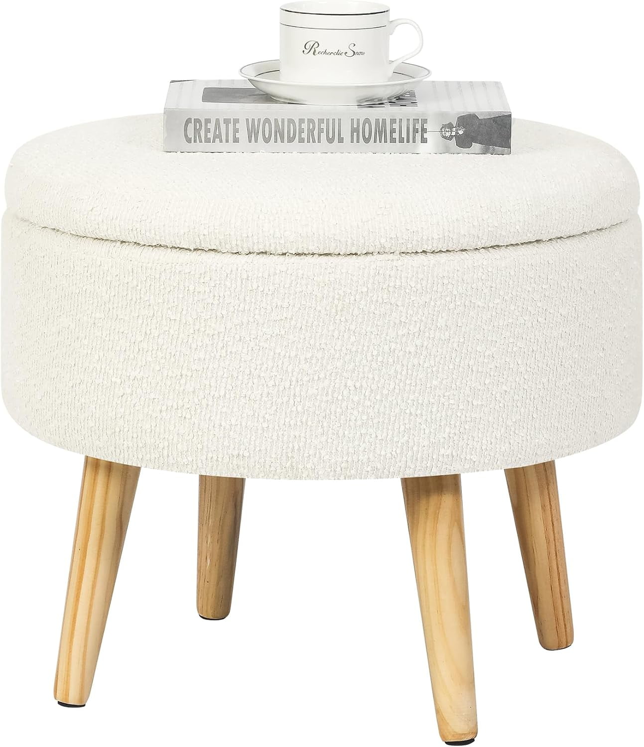Adeco Small Round Ottoman with Storage, Cream White Coffee Table with ...