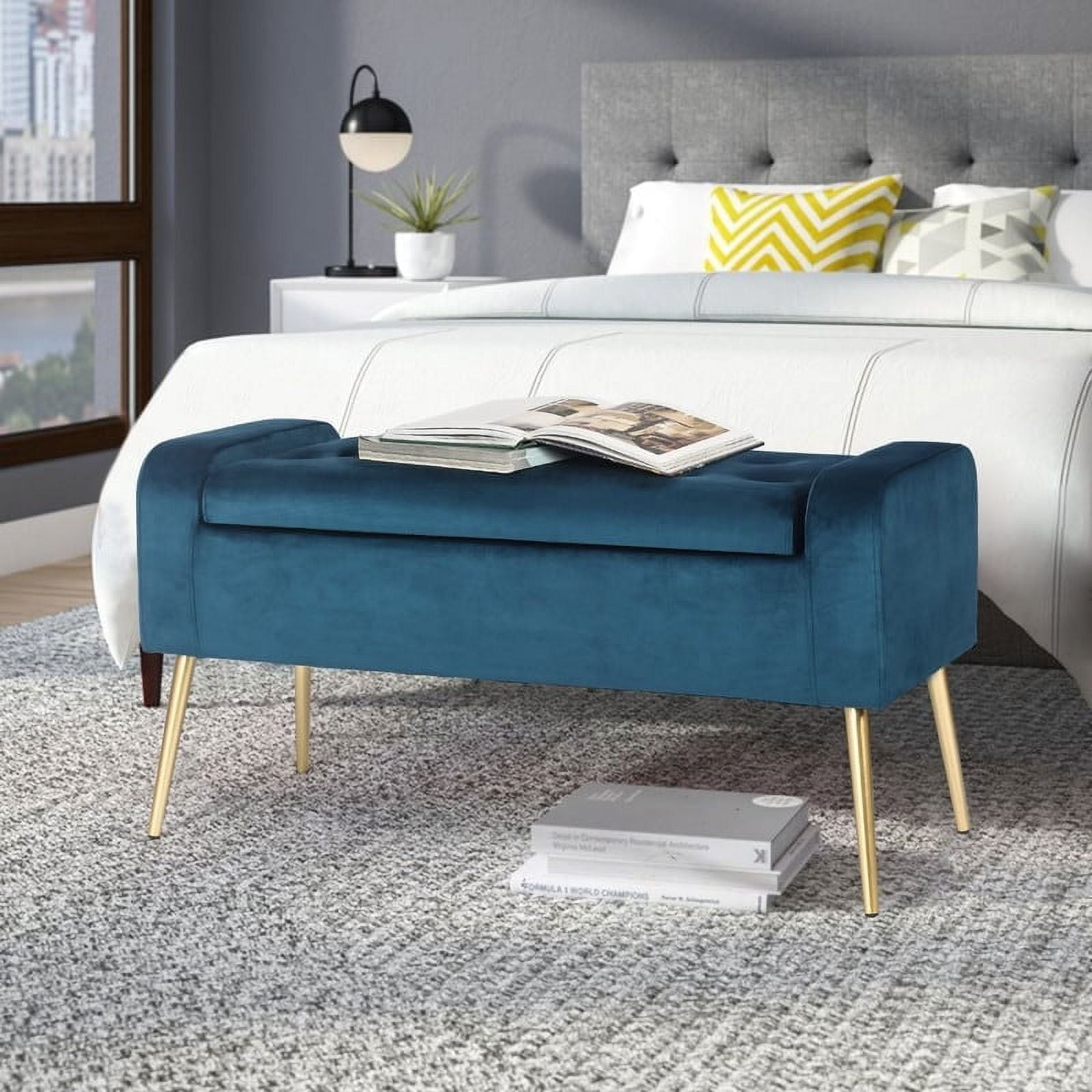 Adeco Upholstered Storage Ottoman Entryway Bench with Metal Legs Blue ...