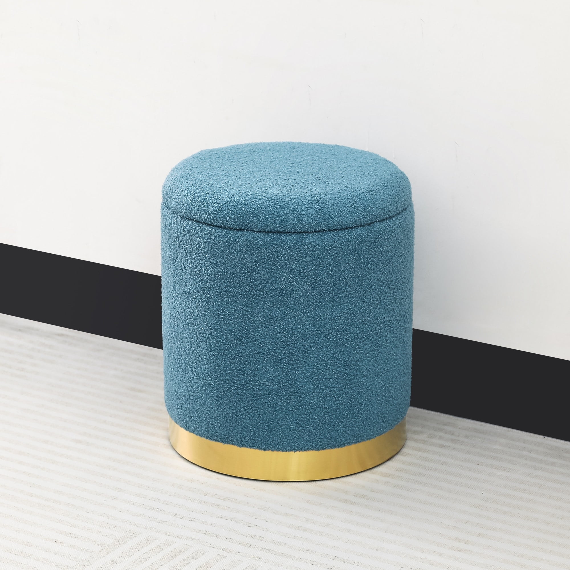 Adeco Velvet Round Storage Stool Gold Plating Base Storage Ottoman Blue ...