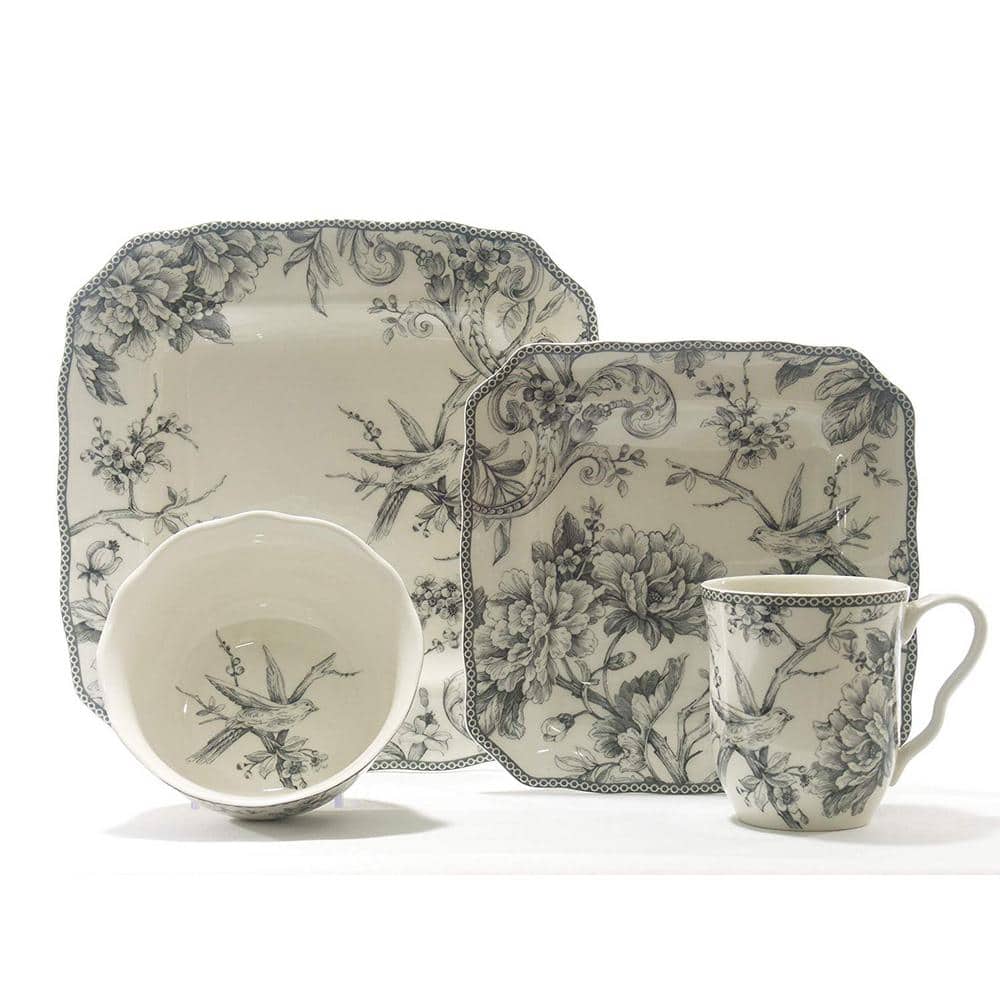 Adelaide 16-Piece Casual White and Grey Porcelain Dinnerware Set ...