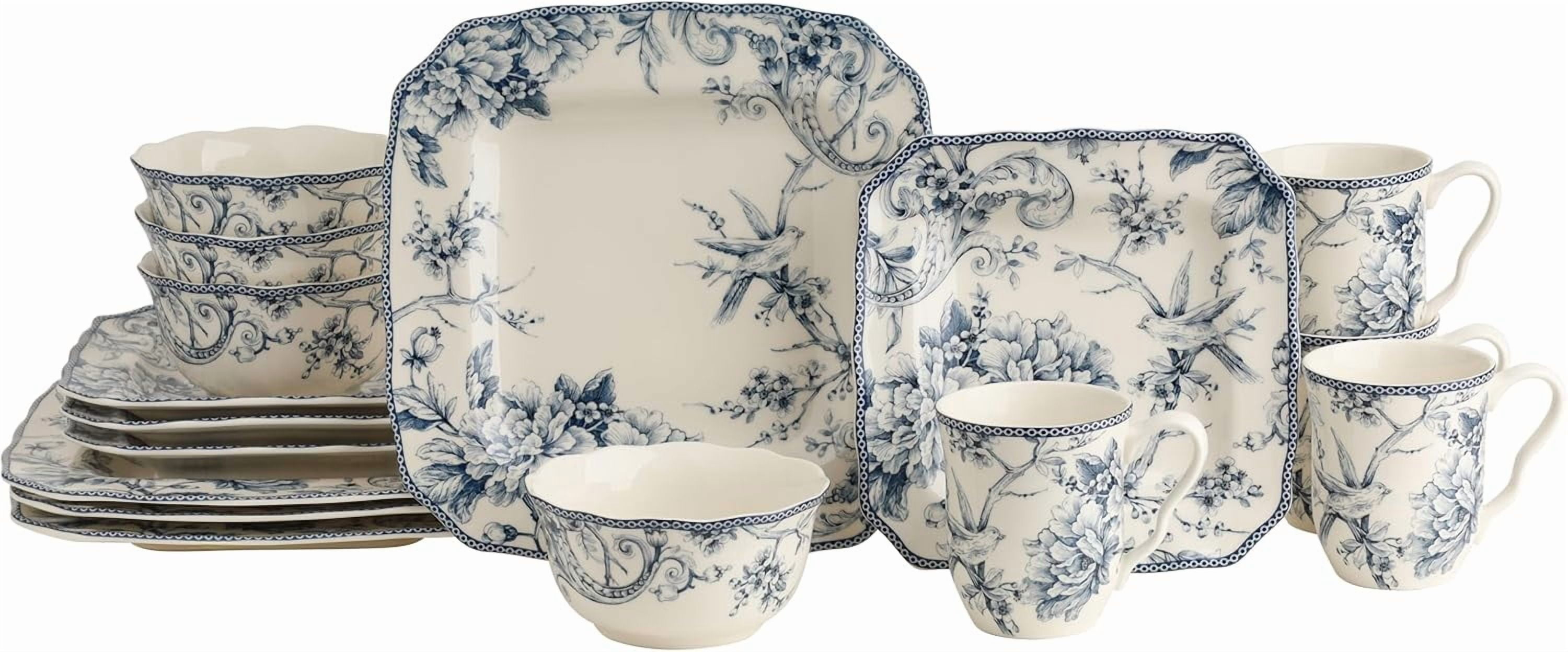 Adelaide 16-Piece Square Floral Dinnerware Set – Service for 4, Blue ...