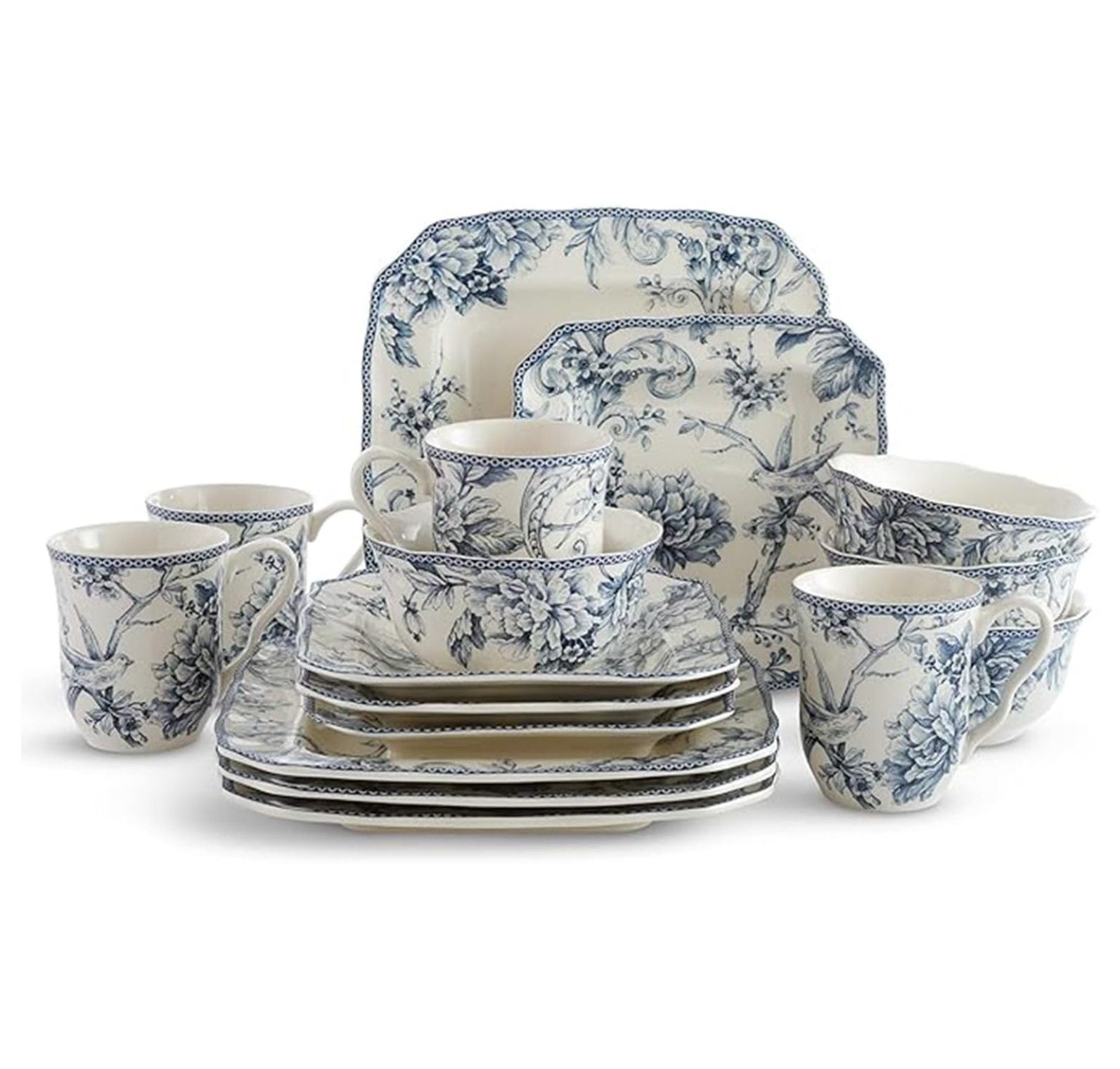 Adelaide 16-Piece Square Floral Dinnerware Set – Service for 4, Blue ...