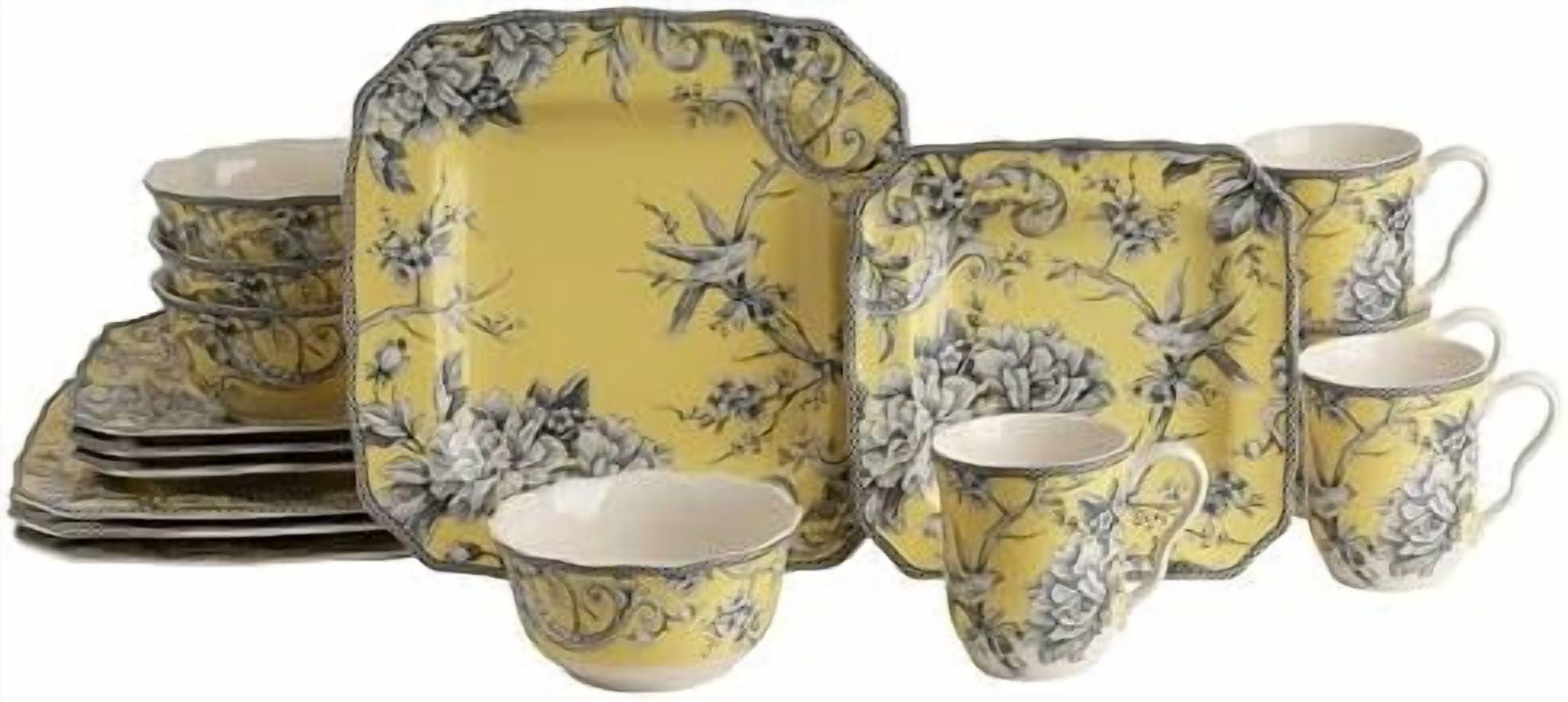 Adelaide 16-Piece Square Floral Dinnerware Set – Service for 4, Grey ...
