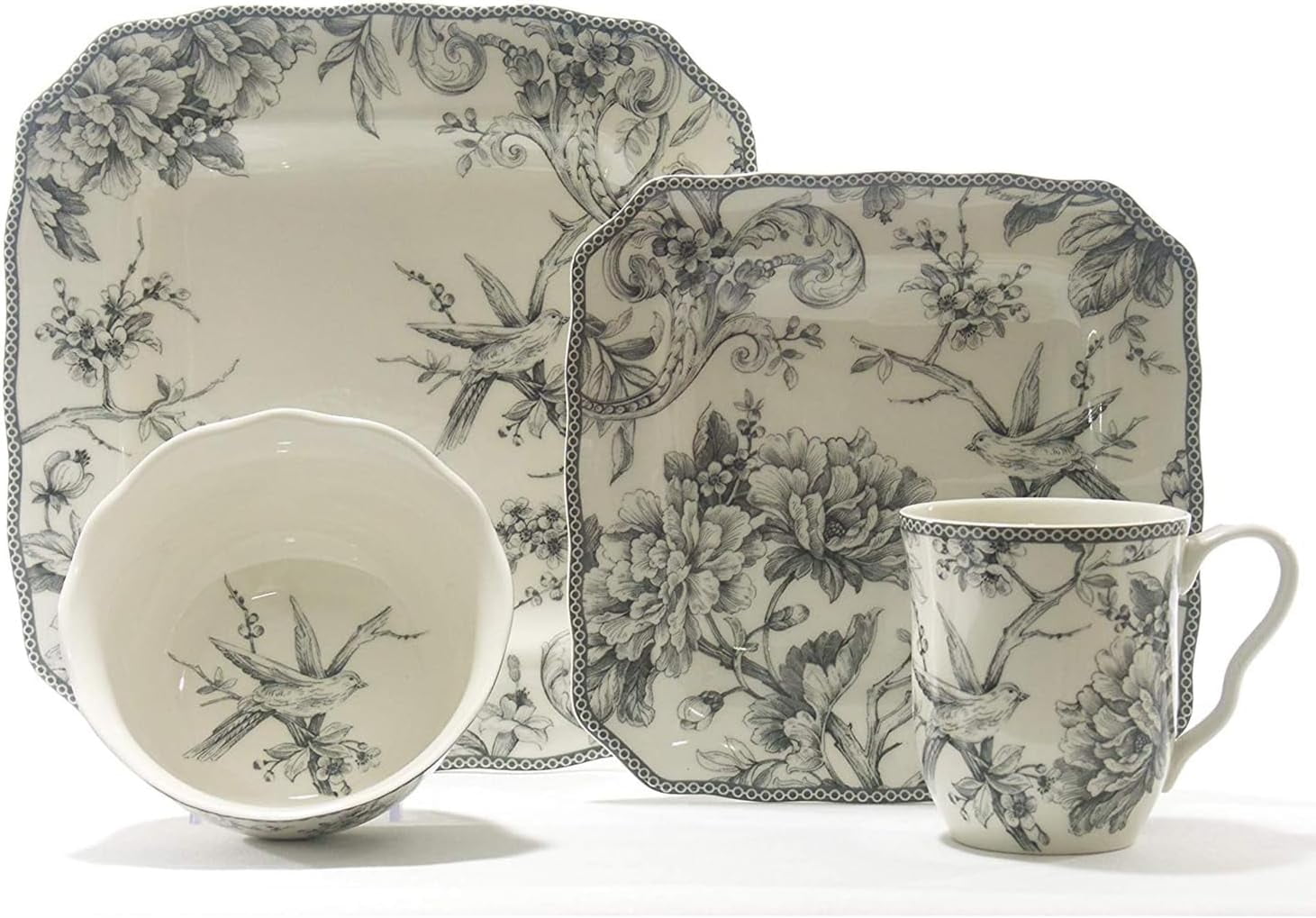 Adelaide 16-Piece Square Floral Dinnerware Set – Service for 4, Grey ...