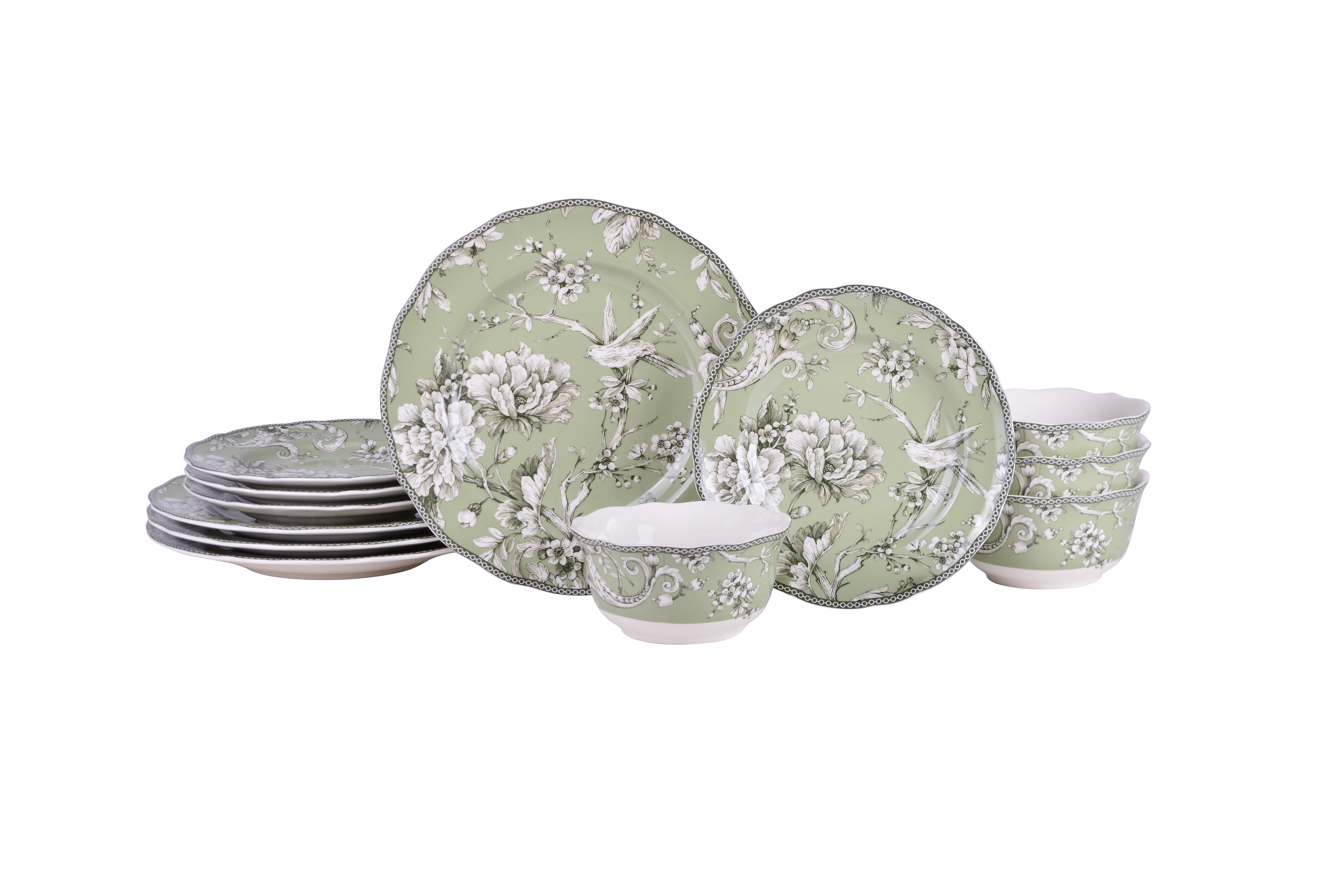 222 Fifth Adelaide Porcelain 12-Piece Dinnerware Set, Green Plates ...